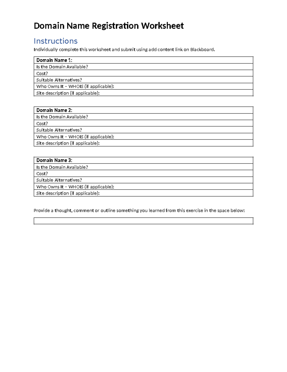 DNS Exercise Worksheet-1 - Domain Name Registration Worksheet ...