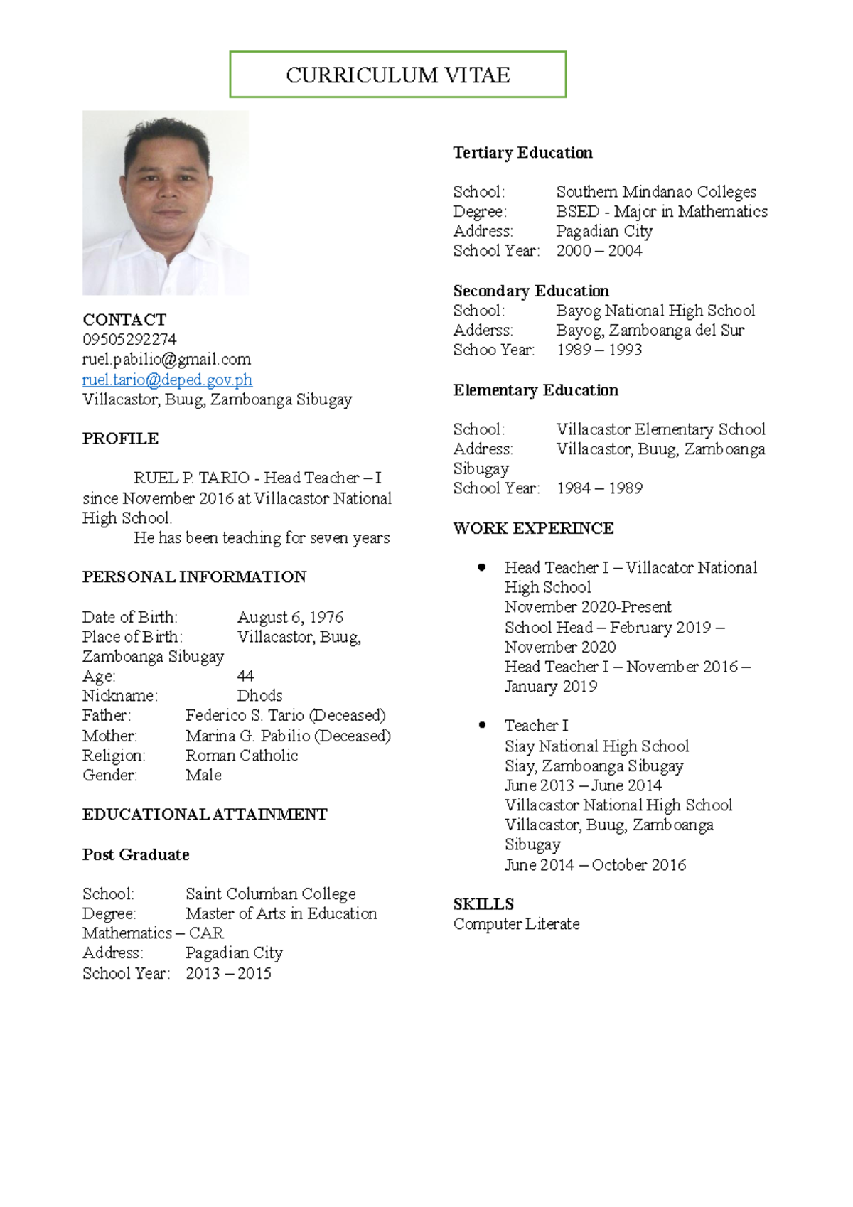 Curriculum- Vitae-Ruel - CONTACT 09505292274 ruel@gmail ruel@deped ...