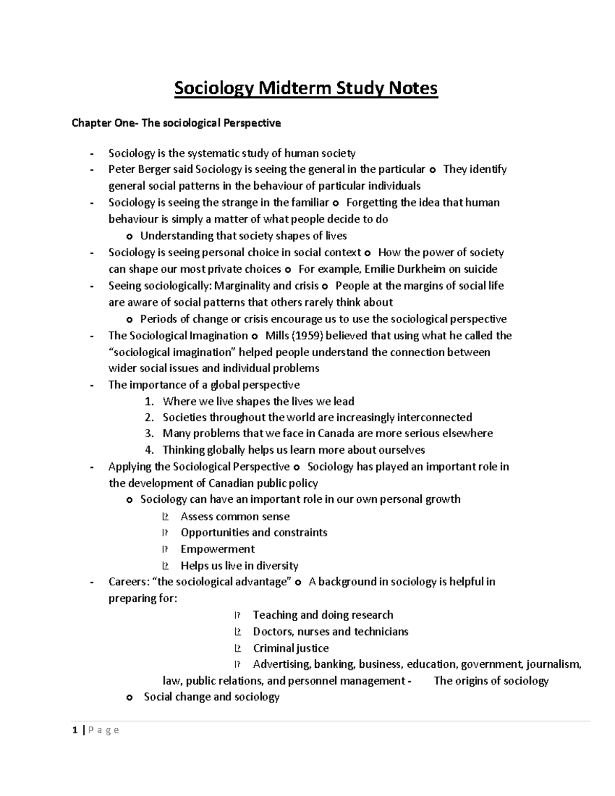 Sociology Midterm Study Notes - 1 | P a g e Sociology Midterm Study ...