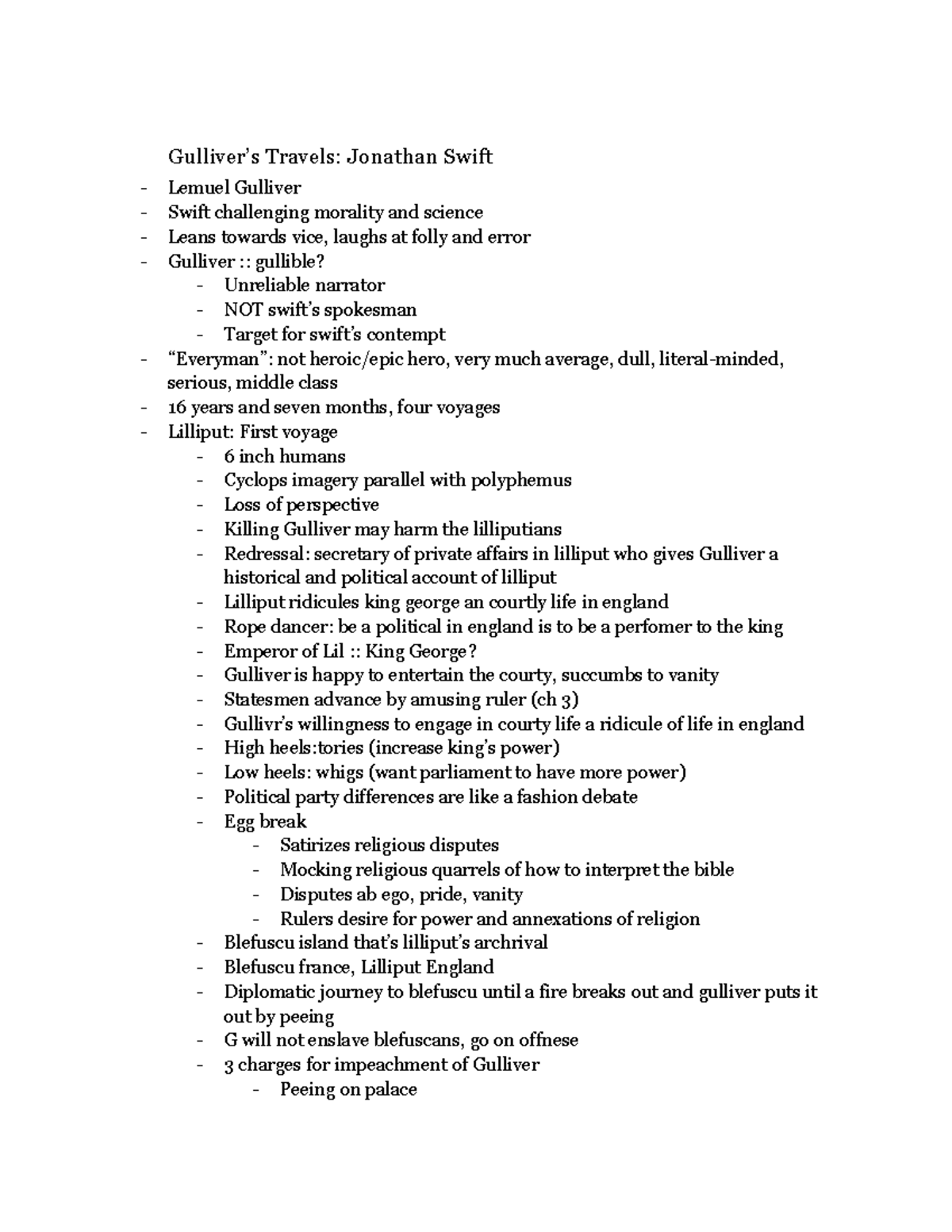 Honors Study Guide Exam 2 - Gulliver’s Travels: Jonathan Swift Lemuel ...