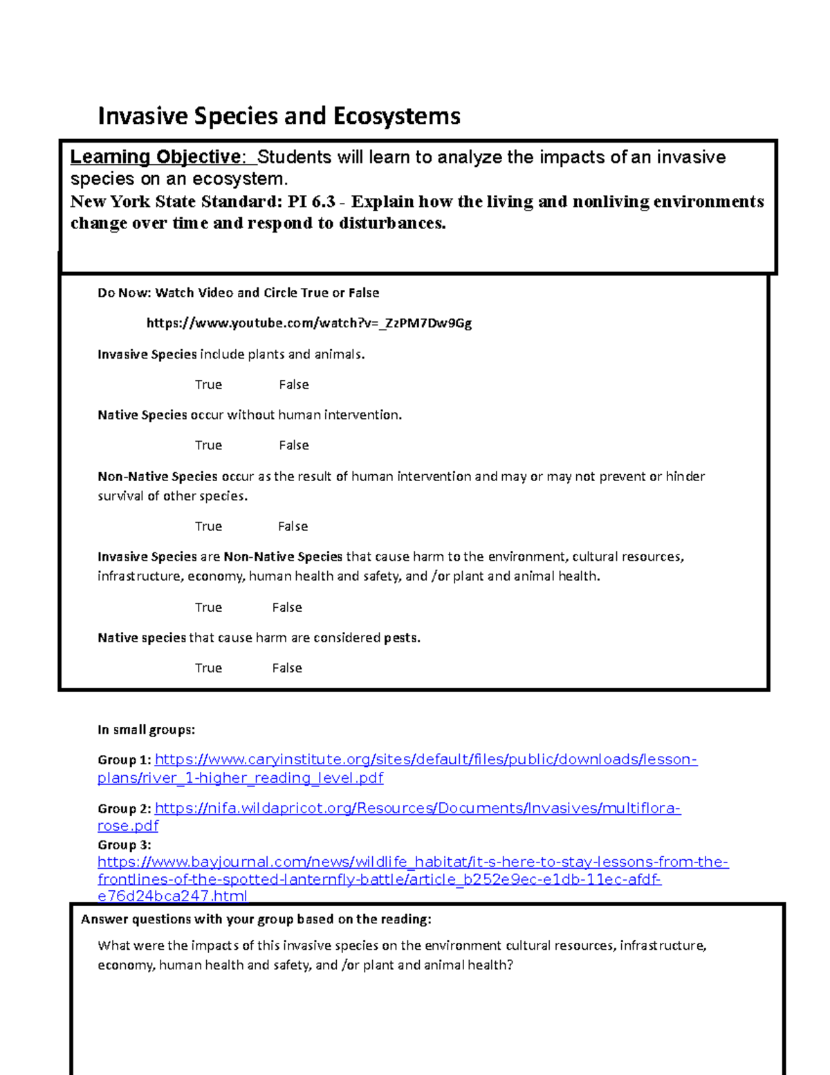 Ecosystems and Invasive Species Classwork - Invasive Species and ...