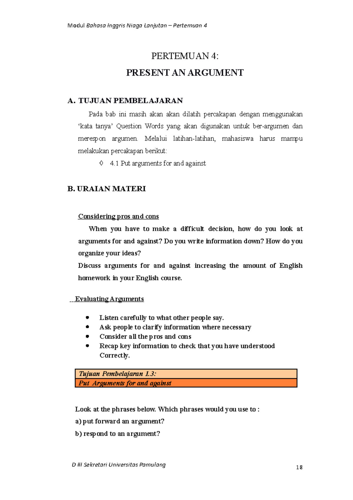 Pert 4 Present AN Argument - Modul Bahasa Inggris Niaga Lanjutan ...