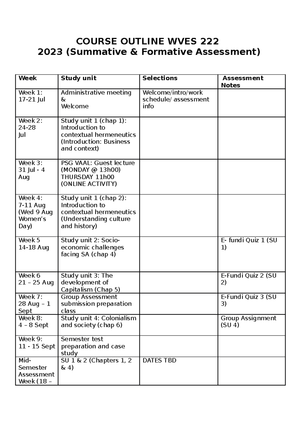 Assessment Plan WVES 222 2023 VC - COURSE OUTLINE WVES 222 2023 ...