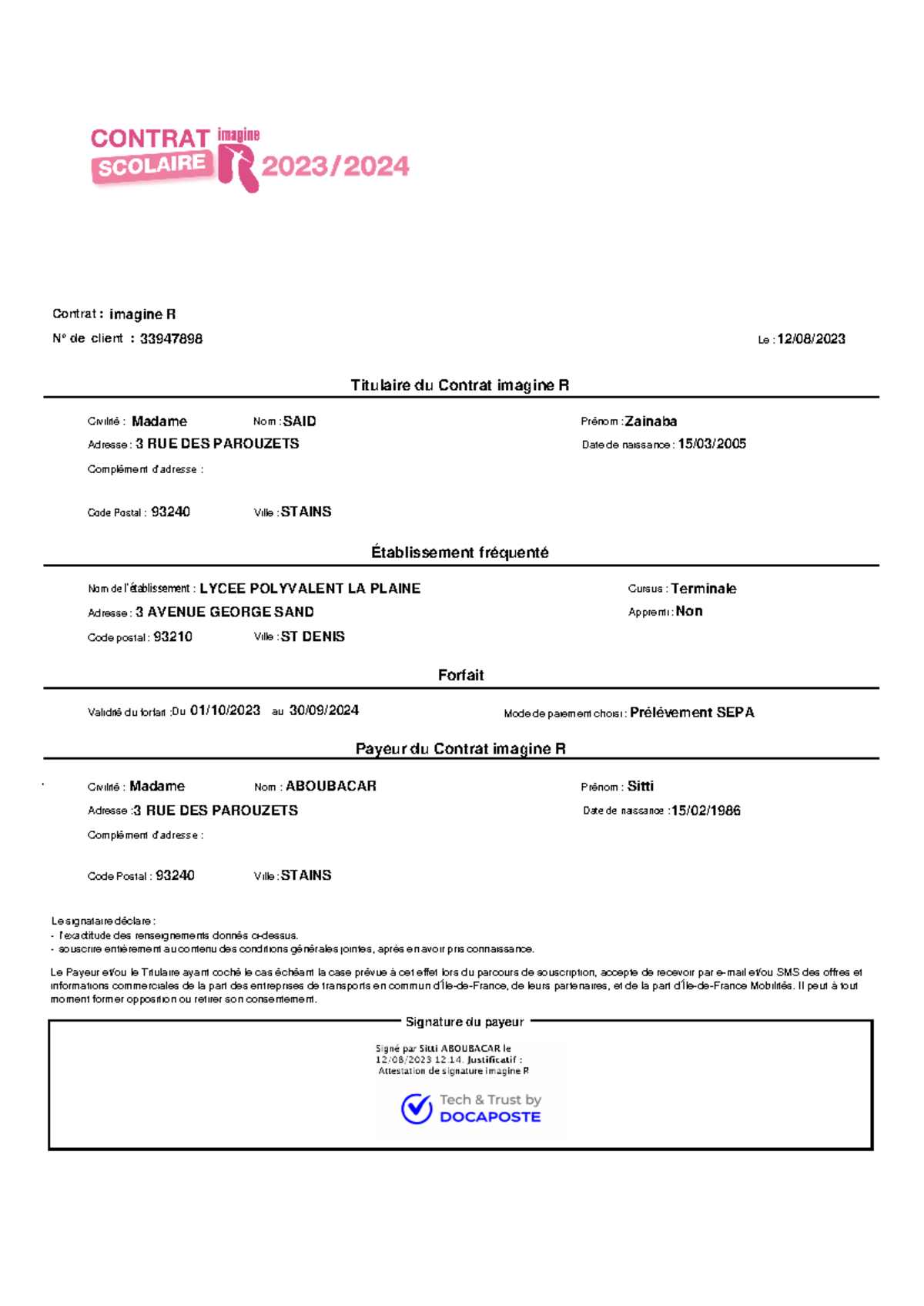 Contrat - paeden - Signature du payeur Contrat : N° de client : Le ...