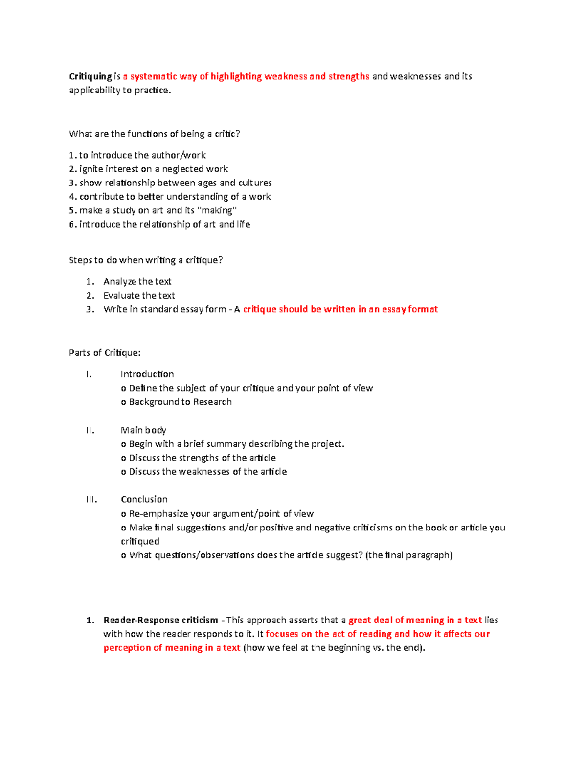 Lesson 5 - Critical Writing Approaches - Critiquing is a systematic way ...