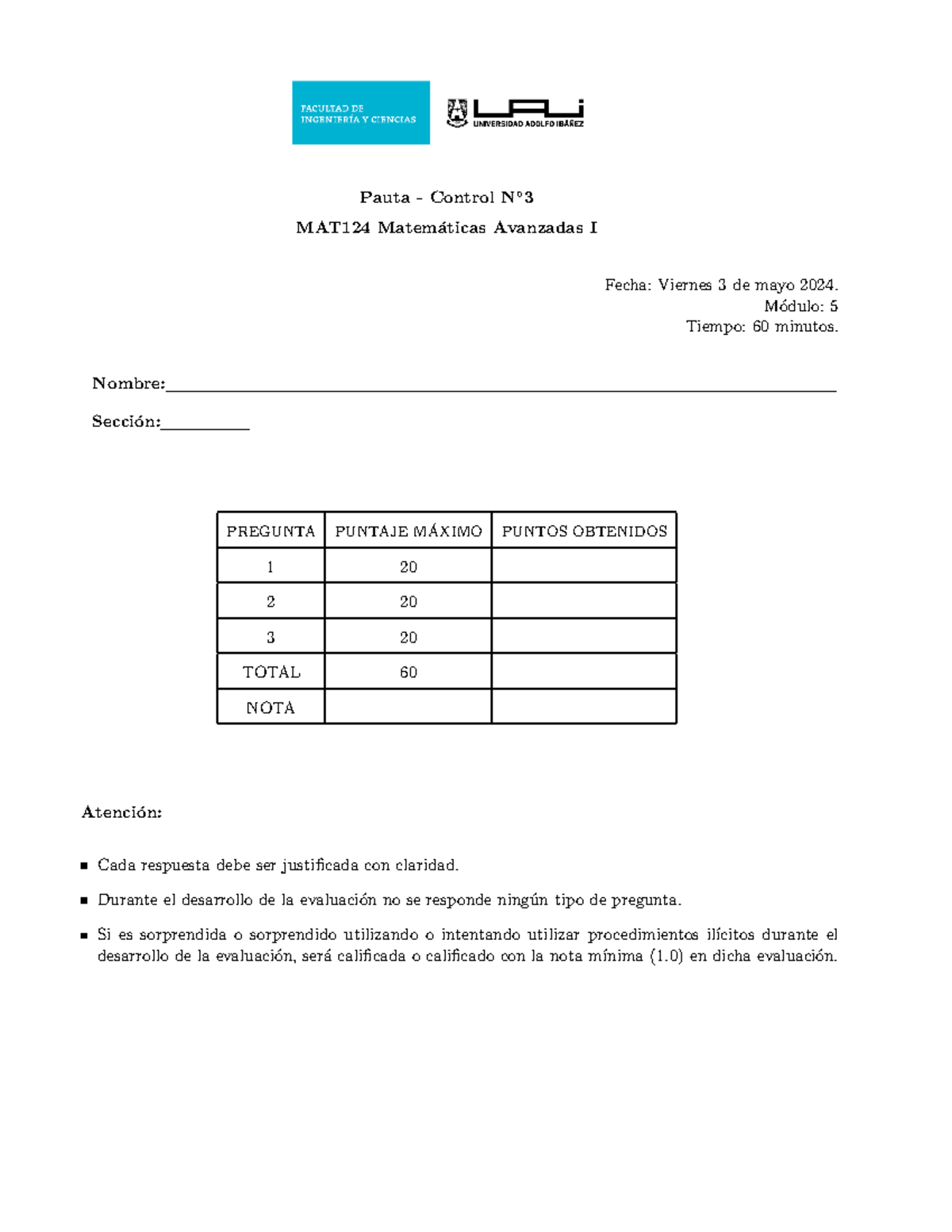Pauta Control 3 - Pauta - Control N 3 MAT124 Matem ́aticas Avanzadas I ... Pauta Control 3 - Pauta - Control N 3 MAT124 Matem ́aticas Avanzadas I ...