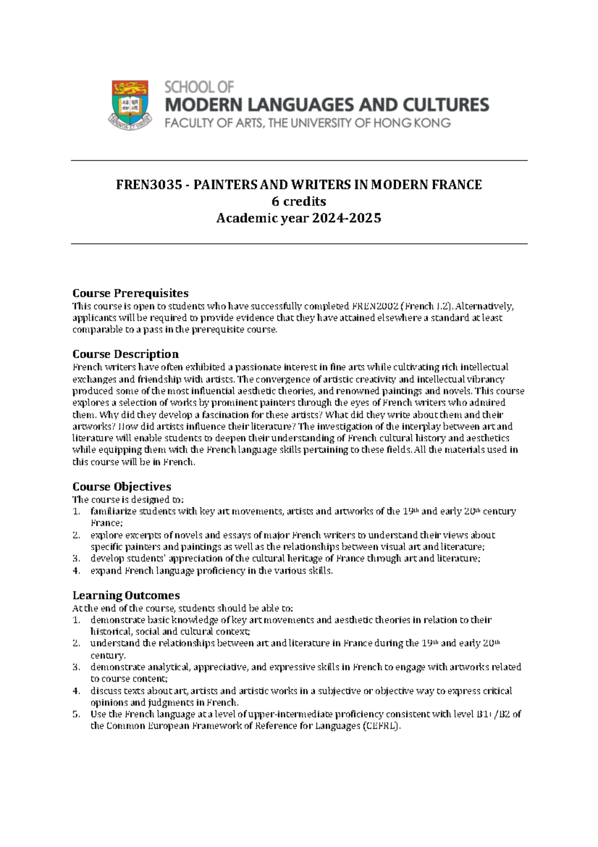 FREN3035 Syllabus 2024-25 - FREN3035 - PAINTERS AND WRITERS IN MODERN ...
