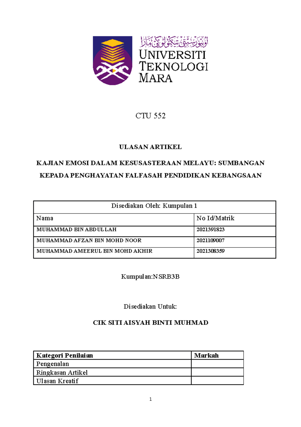CTU552 Kumpulan 1 Ulasan Artikelupdated 210621 - CTU 552 ULASAN ARTIKЕL ...