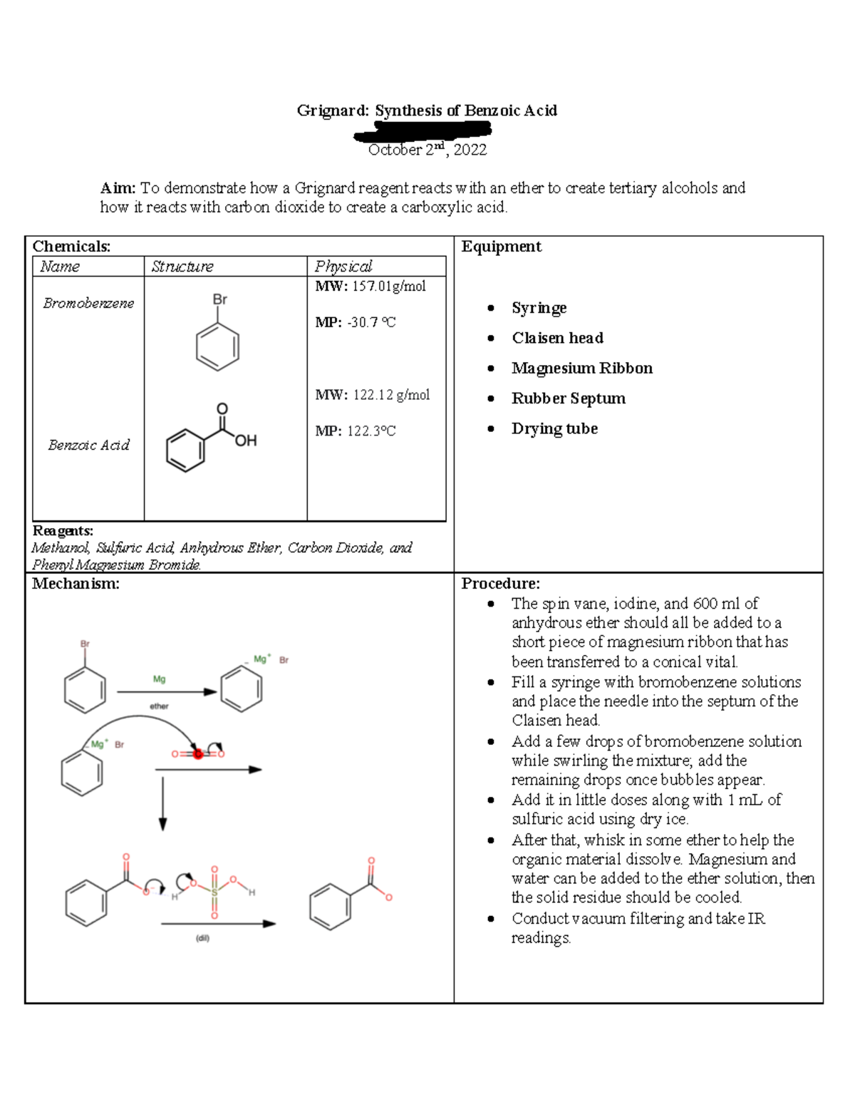 Grignard Reaction - lab work - Grignard: Synthesis of Benzoic Acid Sharel Vasquez October 2nd ...