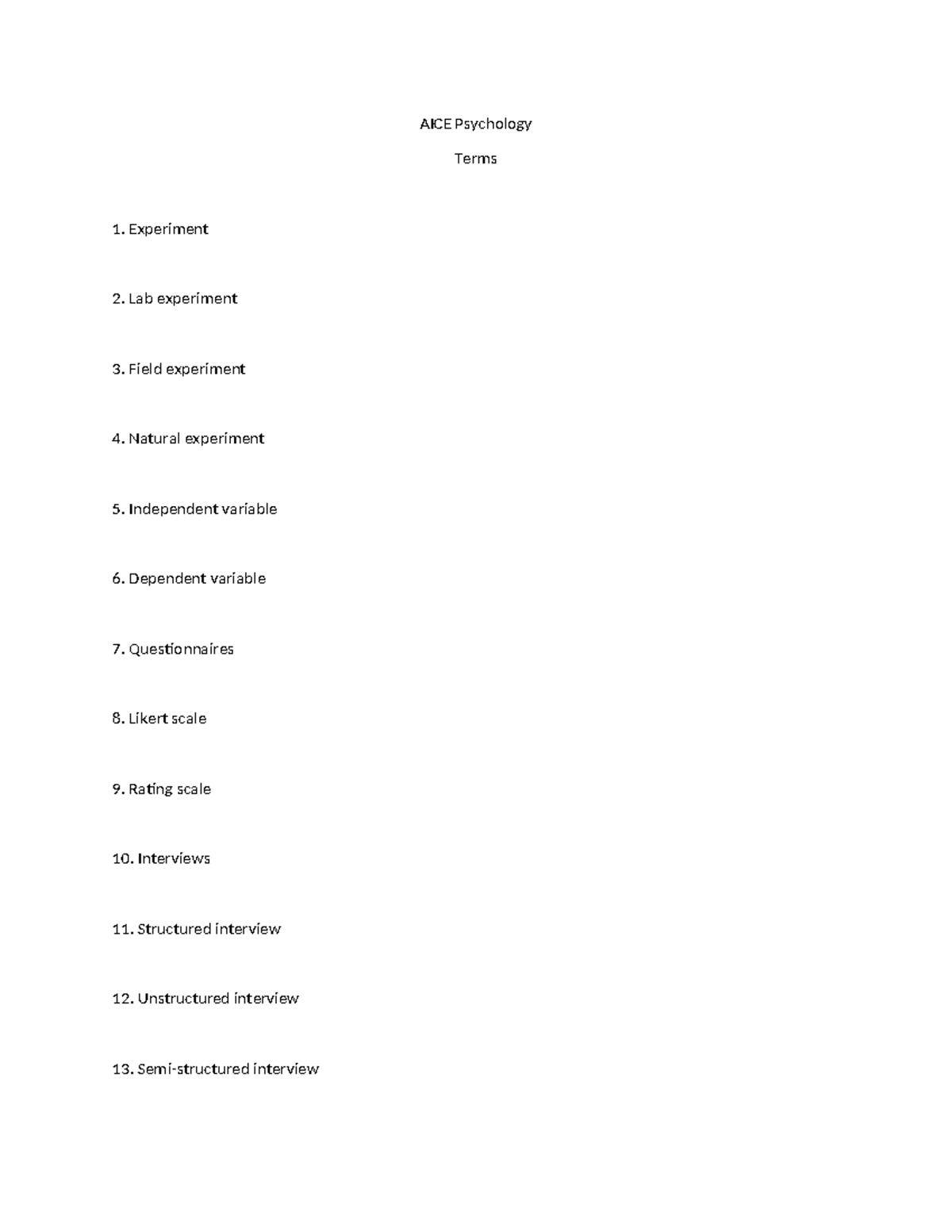 Aice Psychology terms - Code notes - AICE Psychology Terms Experiment ...