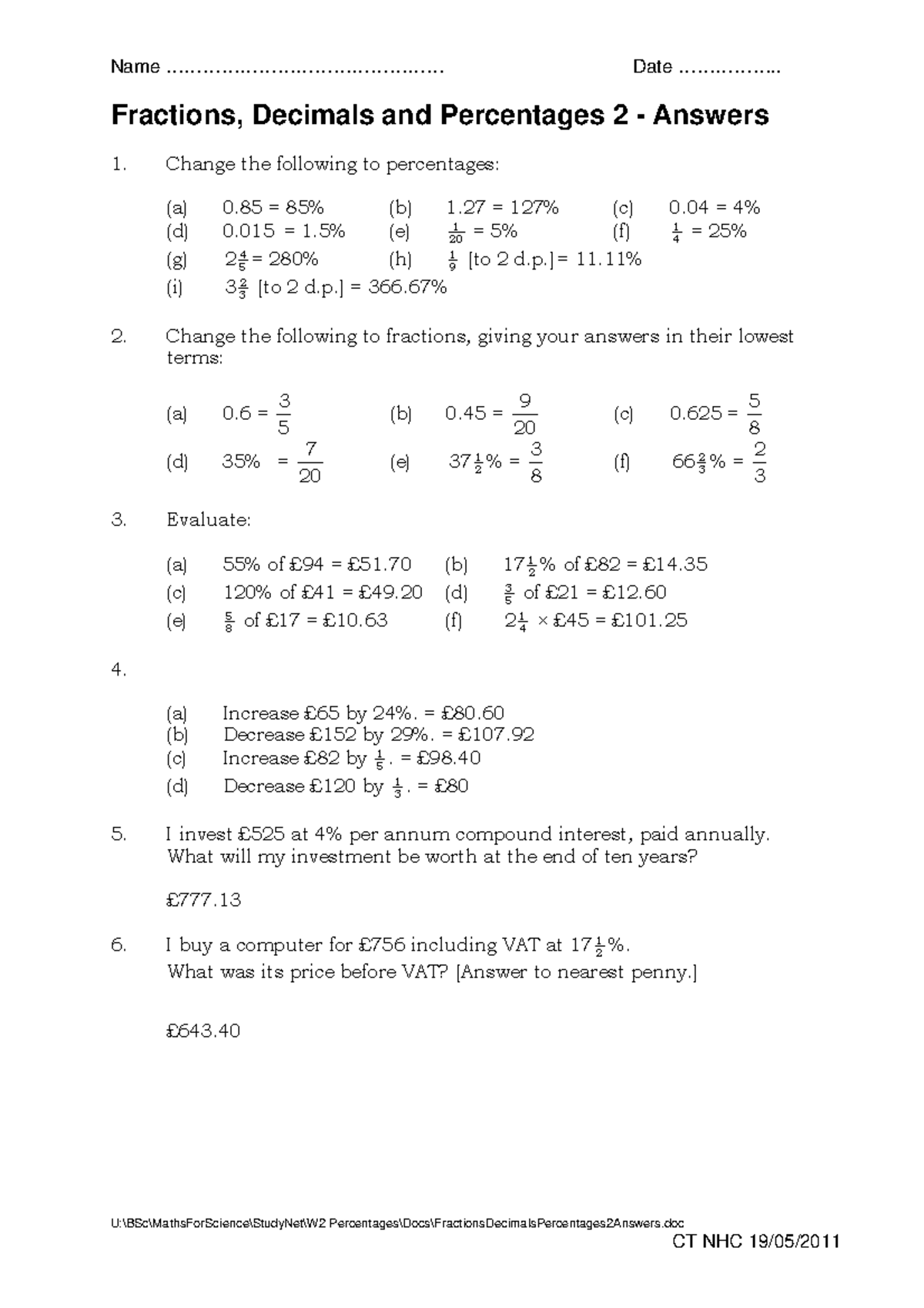 Fractions Decimals Percentages Worksheet 2 Answers - Name - Studocu