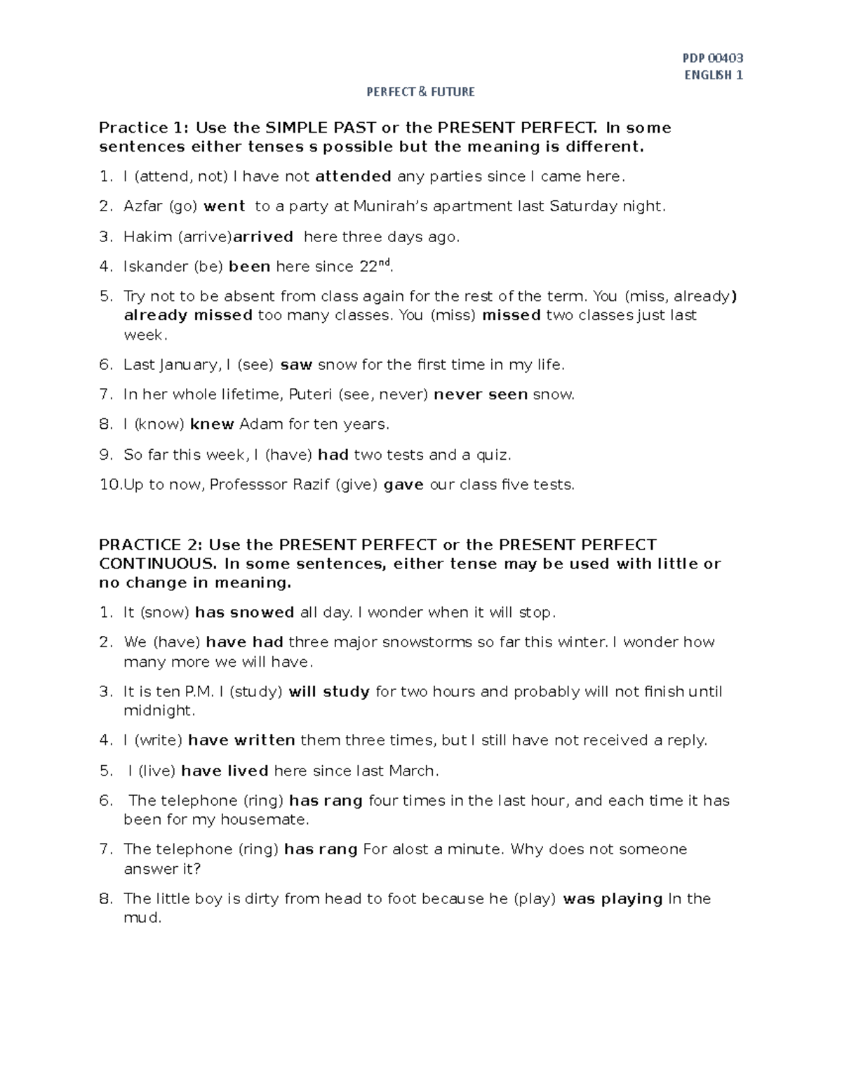 Practice - Perfect Future exercise - ENGLISH 1 PERFECT & FUTURE ...