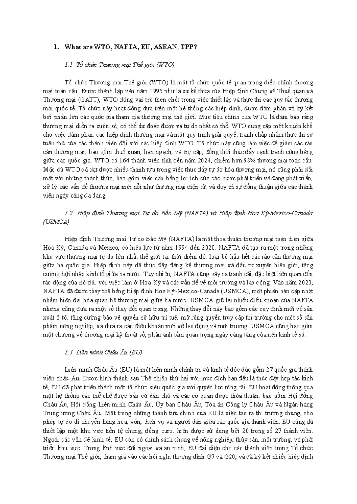 Group Assignment 1 - BT mar toàn cầu - What are WTO, NAFTA, EU, ASEAN, TPP? Tổ chức Thương mại ...