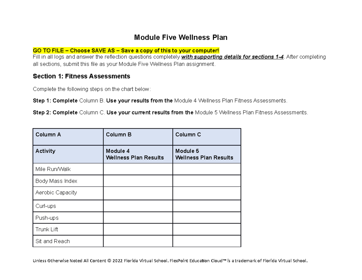 Module five wellness plan - Module Five Wellness Plan GO TO FILE ...