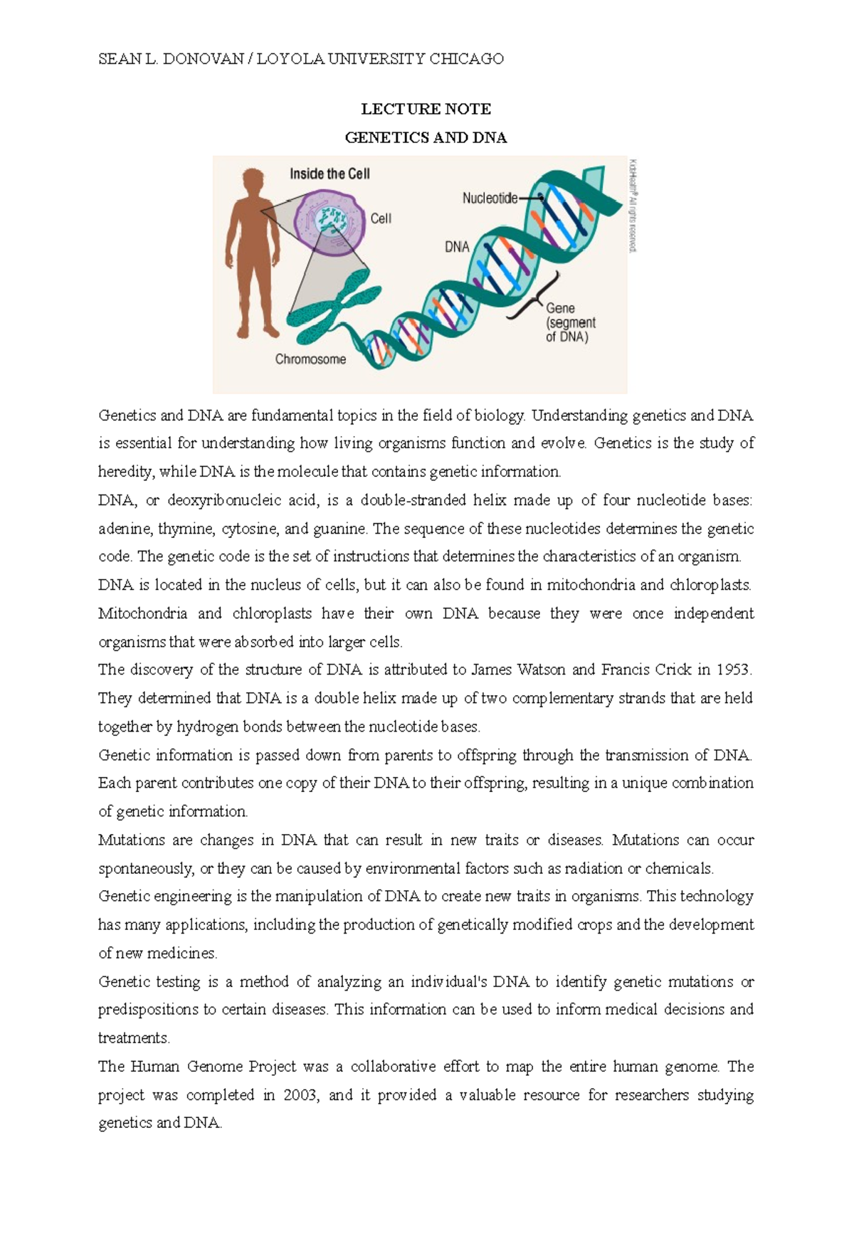 Lecture NOTE Genetics AND DNA - SEAN L. DONOVAN / LOYOLA UNIVERSITY ...