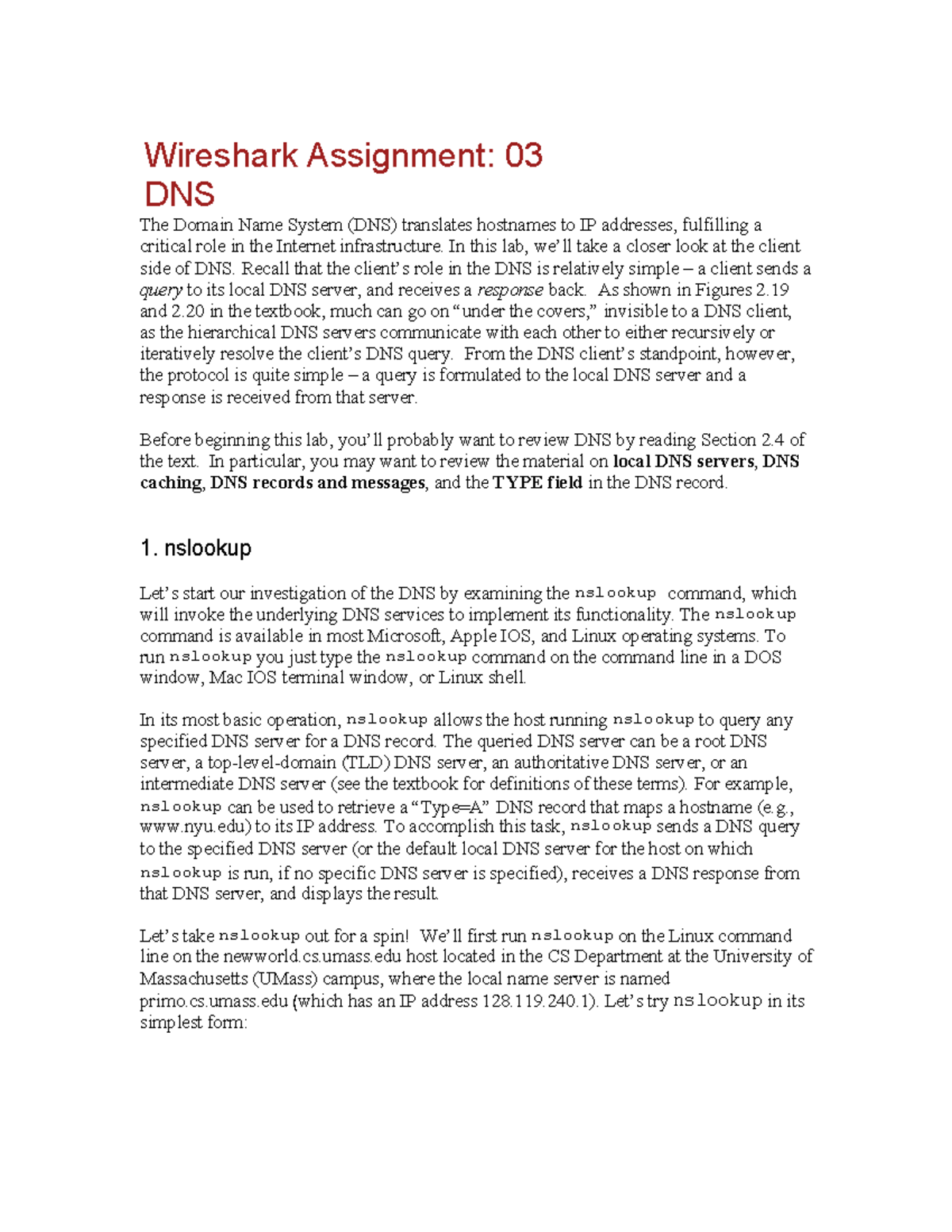 03 Wireshark Dns Wireshark Assignment 03 Dns The Domain Name System