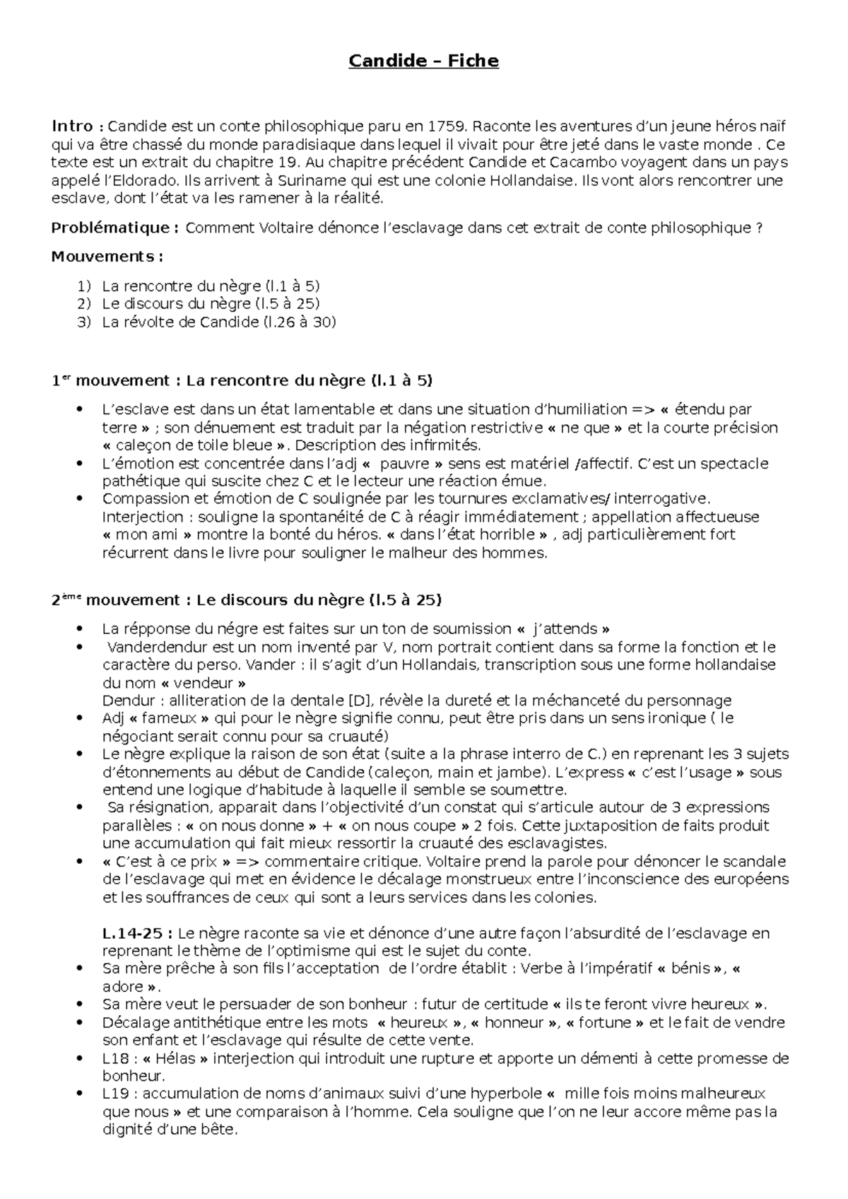 Candide - le nègre de Suriname - analyse linéaire - Candide – Fiche ...