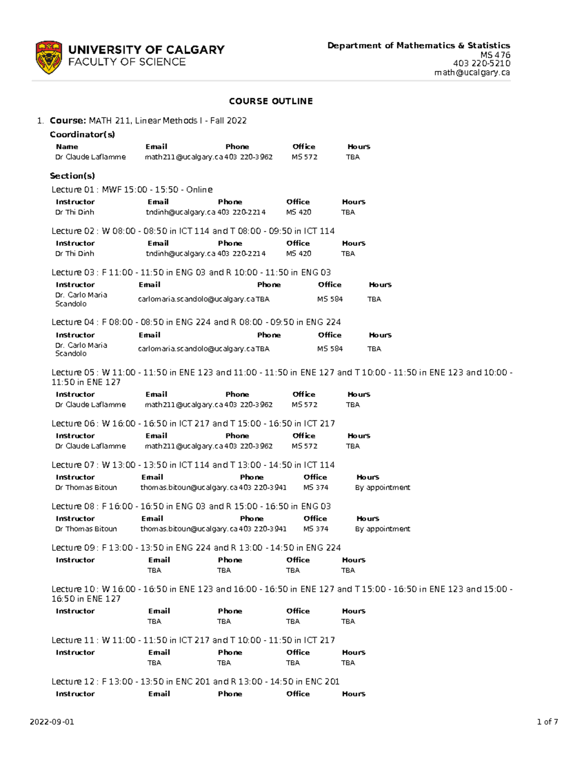 Course Outline - Department of Mathematics & Statistics MS 476 403 220 ...