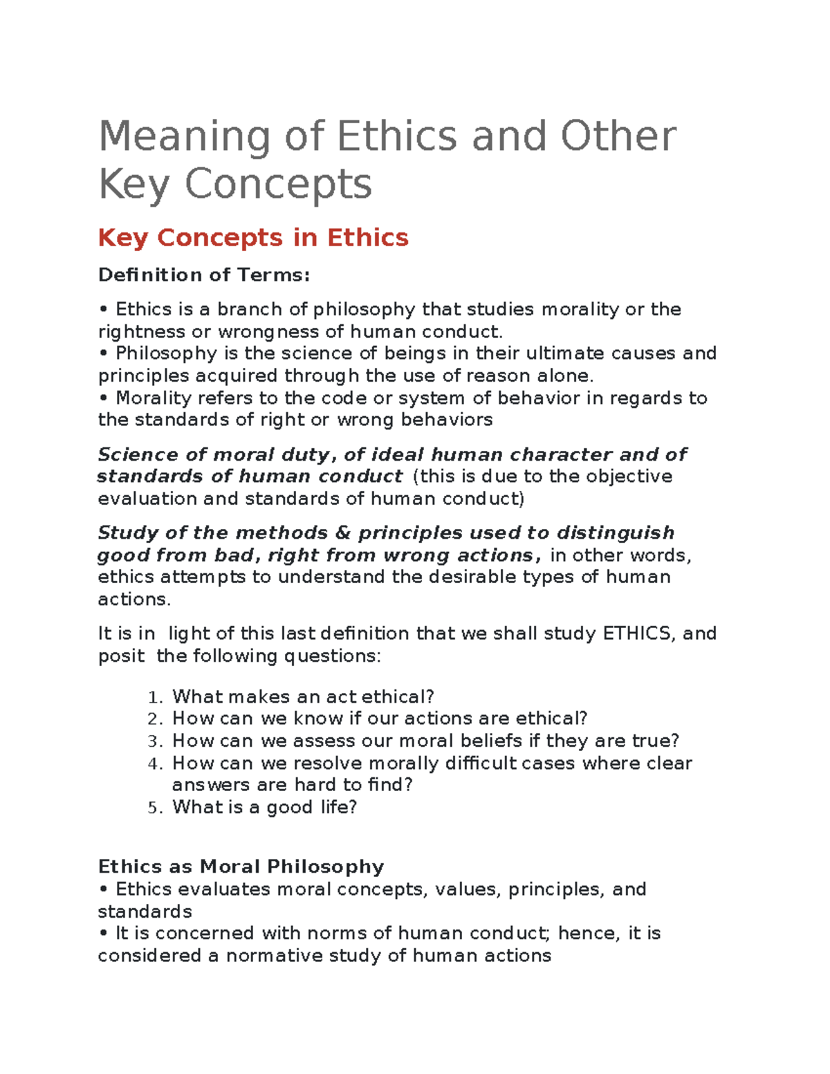 Meaning of Ethics and Other Key Concepts - Meaning of Ethics and Other Key Concepts Key Concepts ...