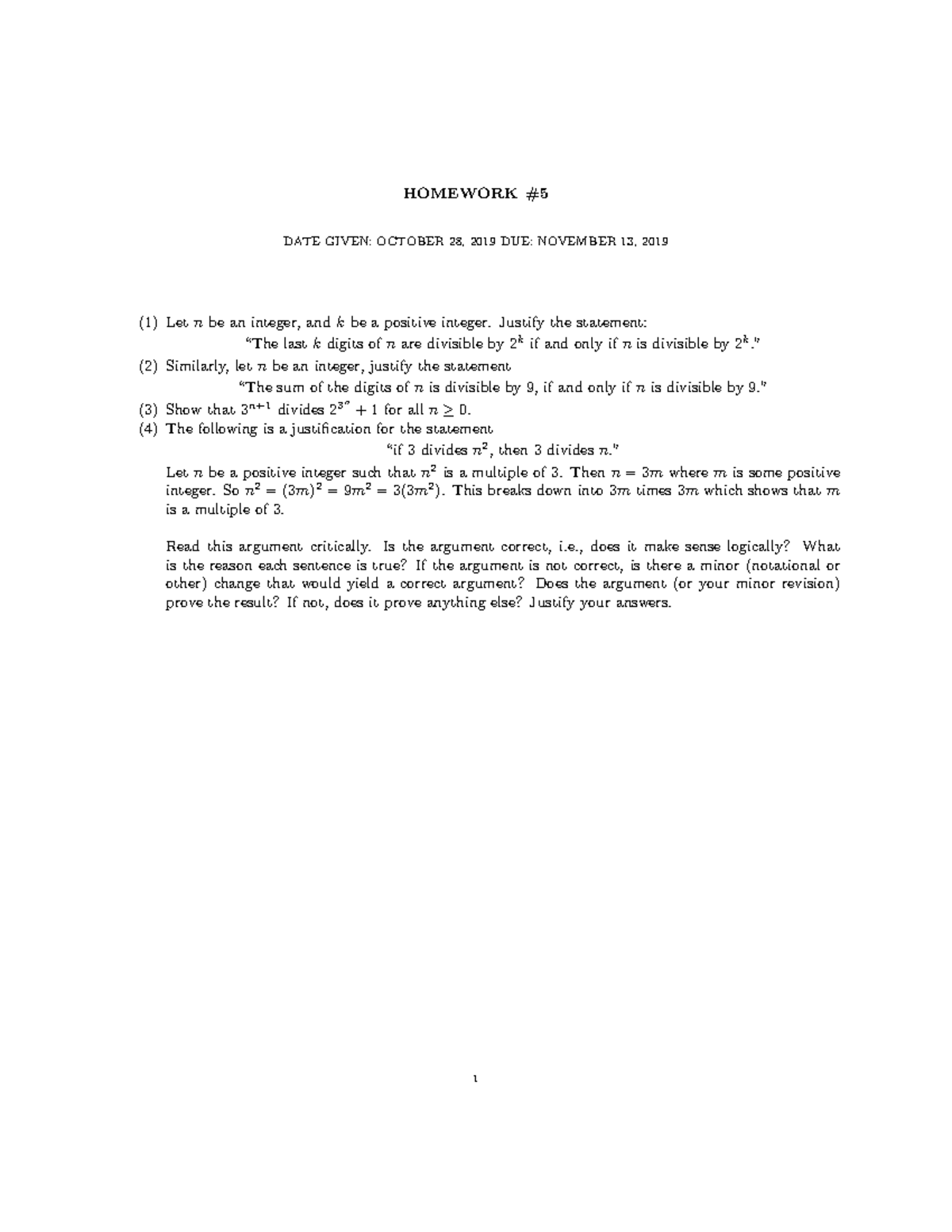 Assignment number 5 - HOMEWORK DATE GIVEN: OCTOBER 28, 2019 DUE ...