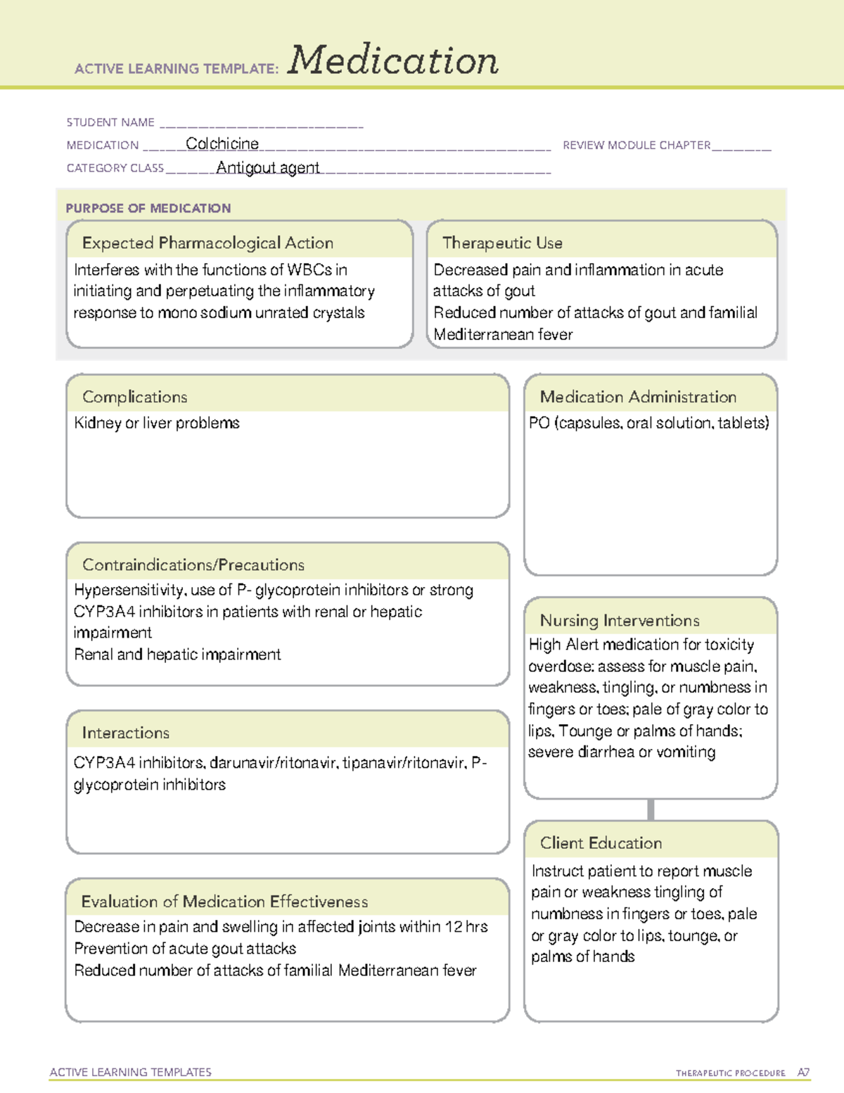 Colchicine - ATI - ACTIVE LEARNING TEMPLATES THERAPEUTIC PROCEDURE A ...