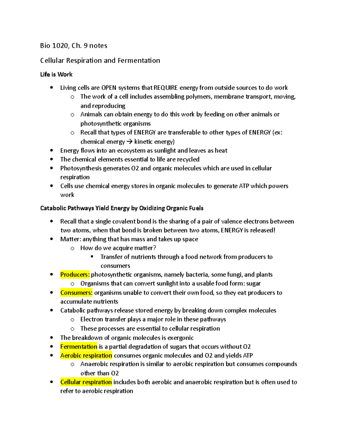 BIO 1020 Ch 9 notes - Dr. Meghan Kelley - Bio 1020, Ch. 9 notes ...