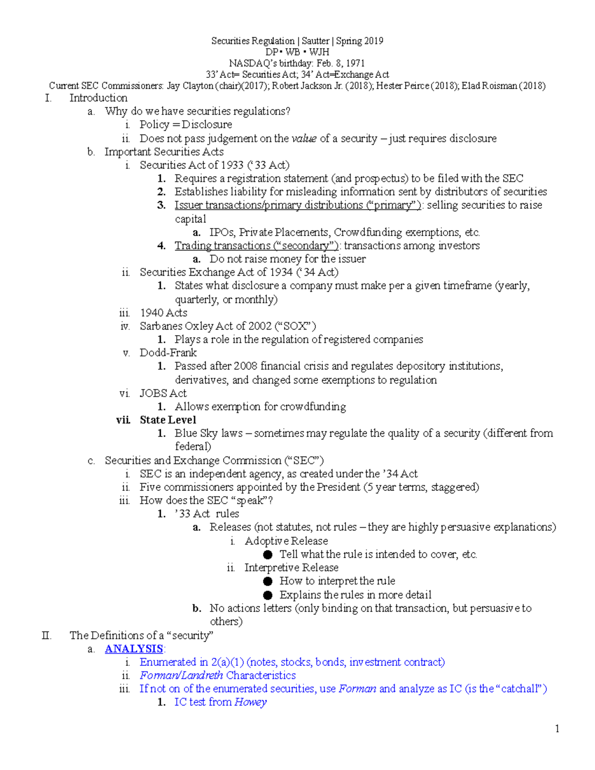 Securities Reg. Outline - Securities Regulation | Sautter | Spring 2019 ...