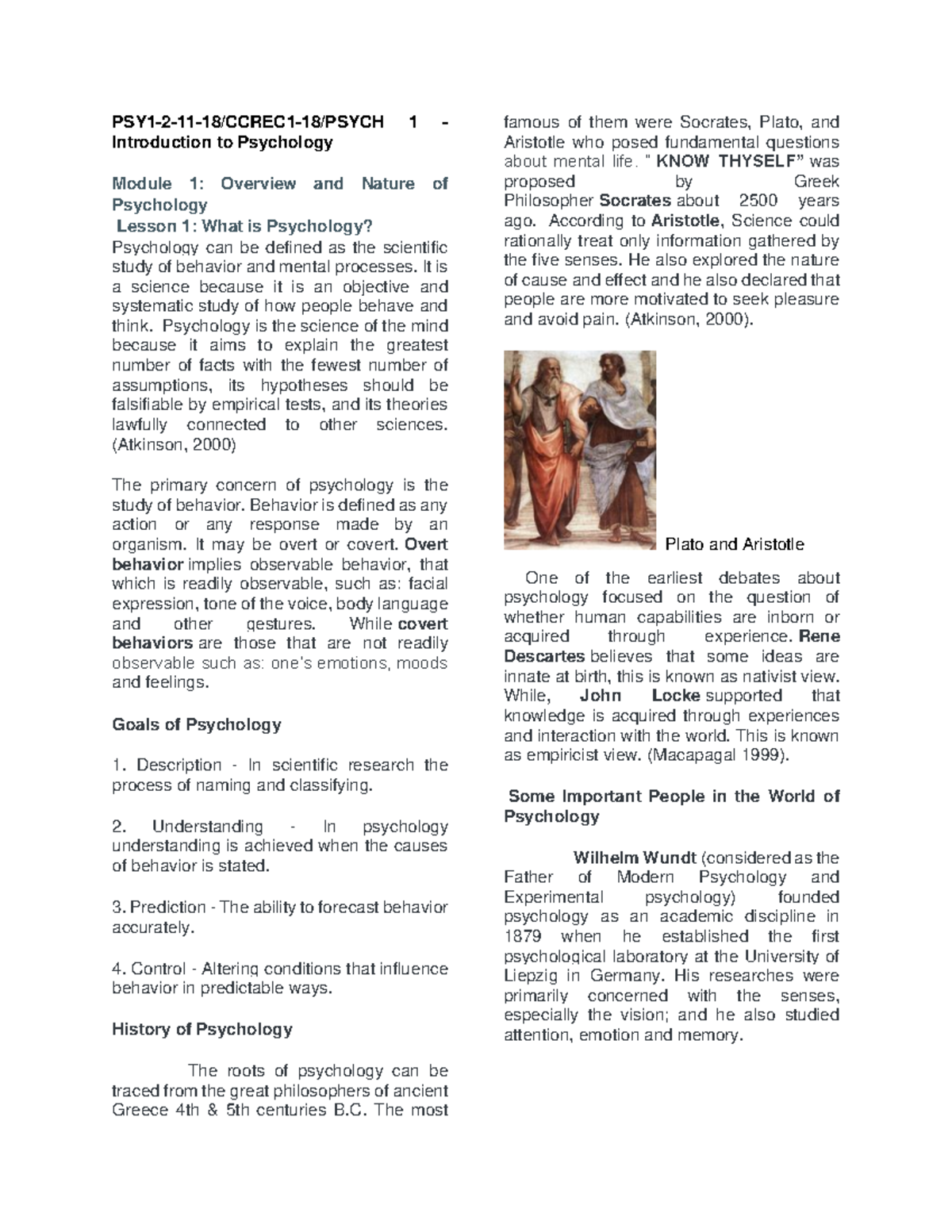 Intro TO Psych MOD1L1-3 - PSY1-2- 11 -18/CCREC1-18/PSYCH 1 ...