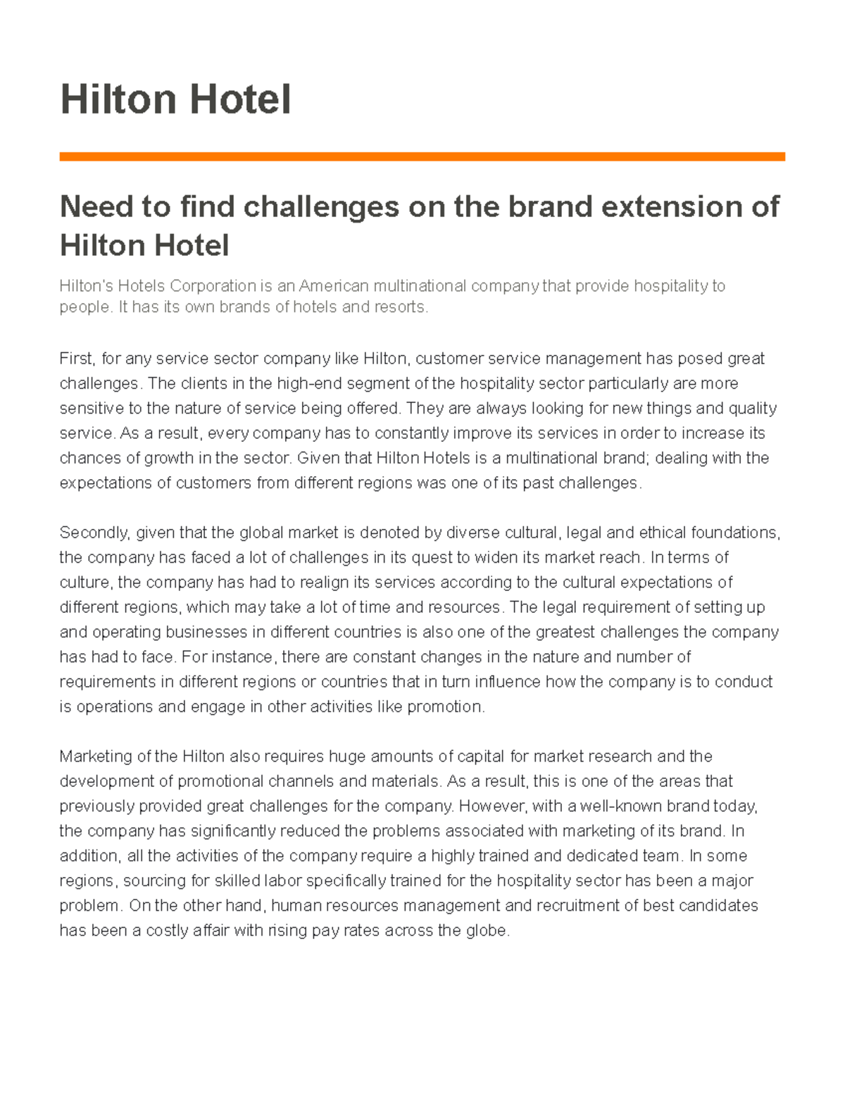 Hilton - Summarizes the content. - Hilton Hotel Need to find challenges ...