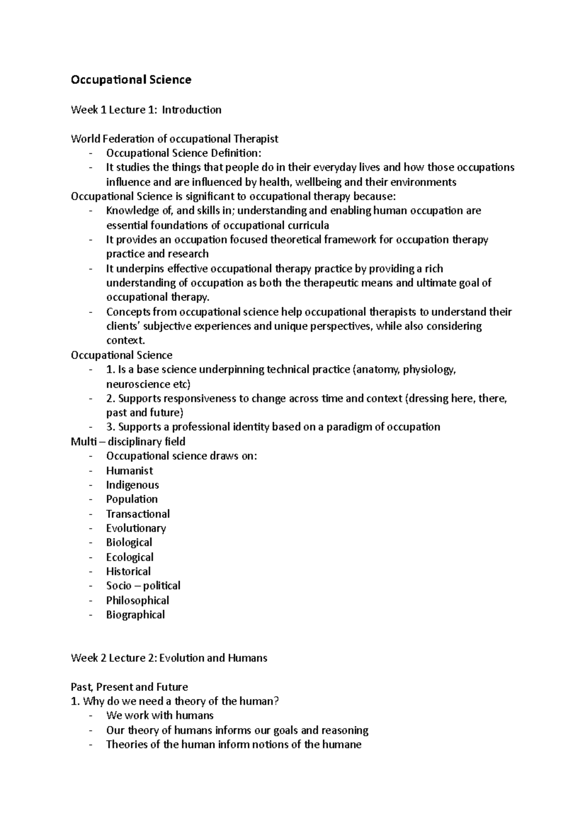 Occupational Science Lecture notes - Occupational Science Week 1 ...