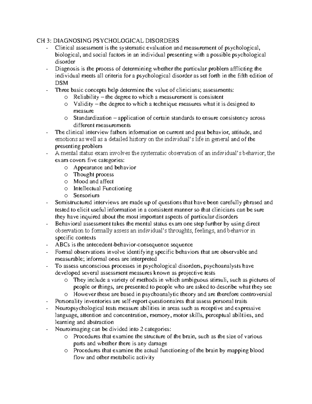 CH3 Tbnotes - Diagnosing Psychological Disorders - CH 3: DIAGNOSING ...