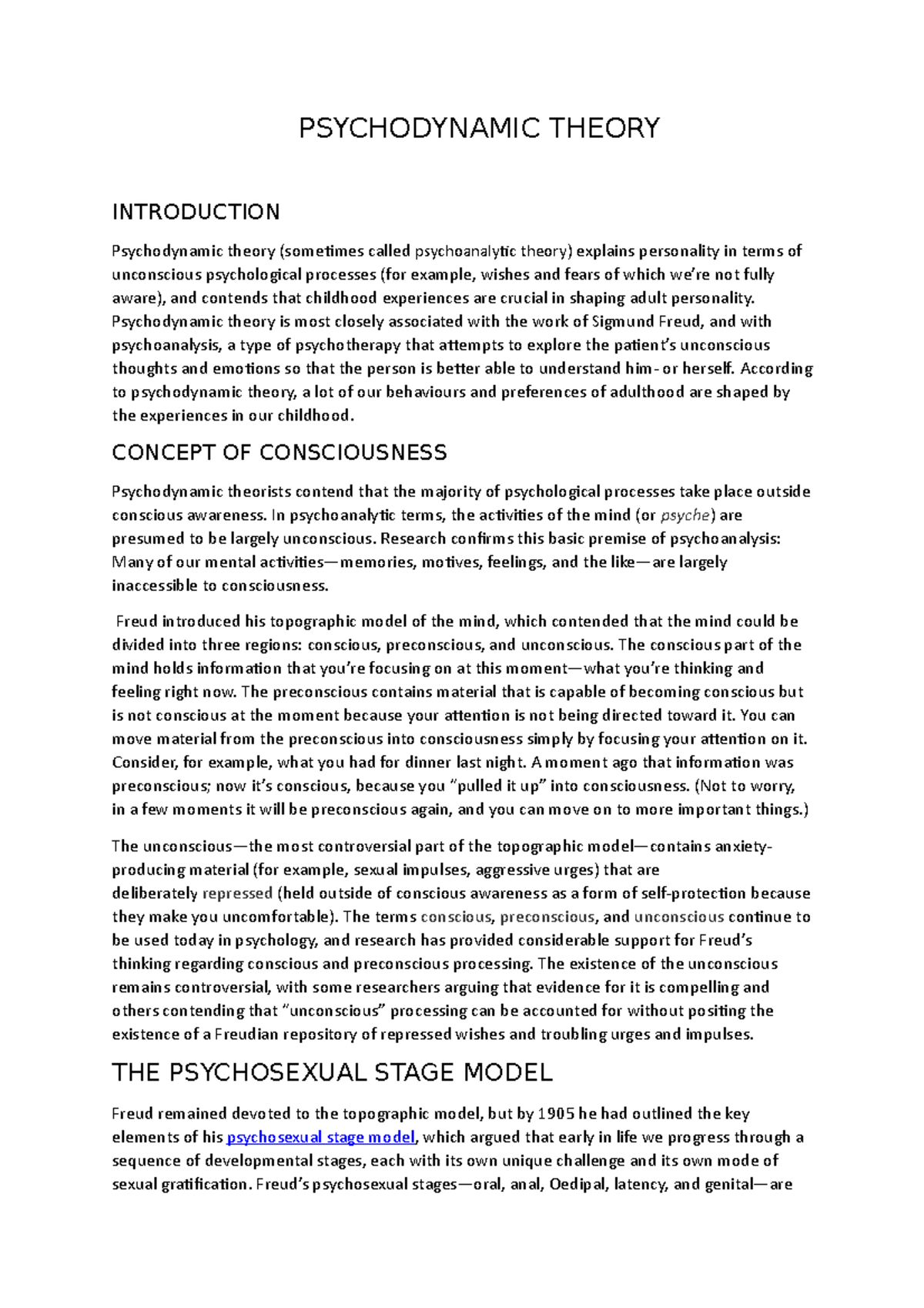 Psychodynamic Theory - PSYCHODYNAMIC THEORY INTRODUCTION Psychodynamic ...