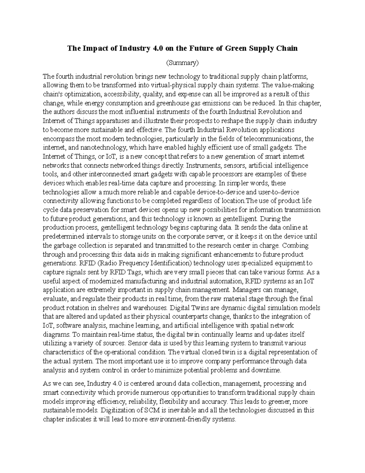 Impact of Industry 4.0 Summary - The Impact of Industry 4 on the Future ...