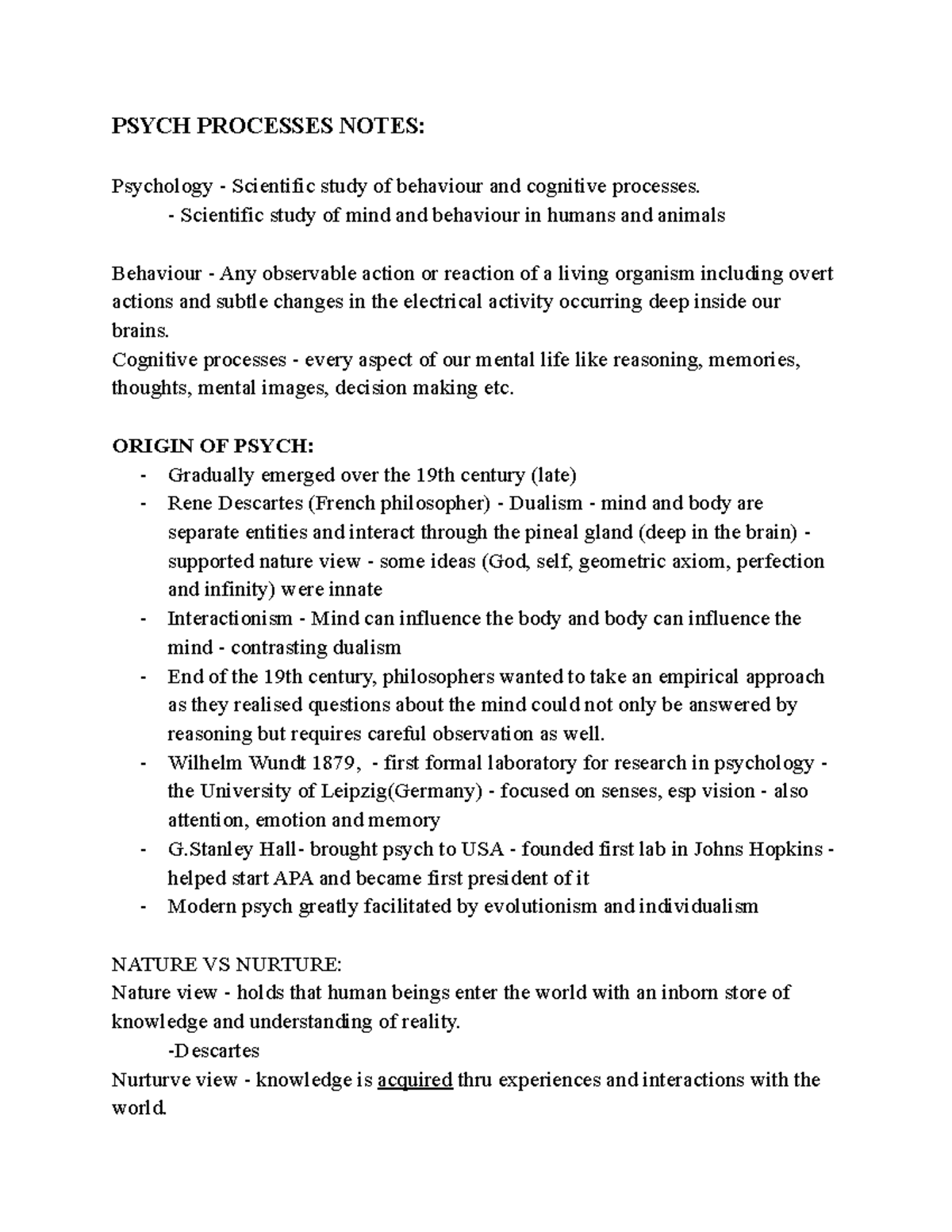 BPP Unit 1 - ....... - PSYCH PROCESSES NOTES: Psychology - Scientific ...