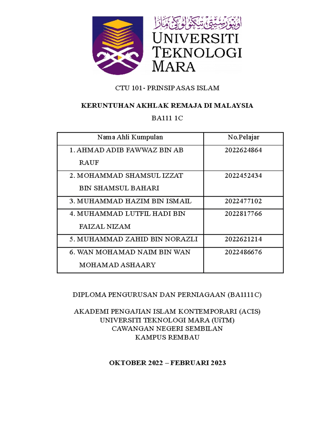 Assignment CTU - CTU 101- PRINSIP ASAS ISLAM KERUNTUHAN AKHLAK REMAJA ...