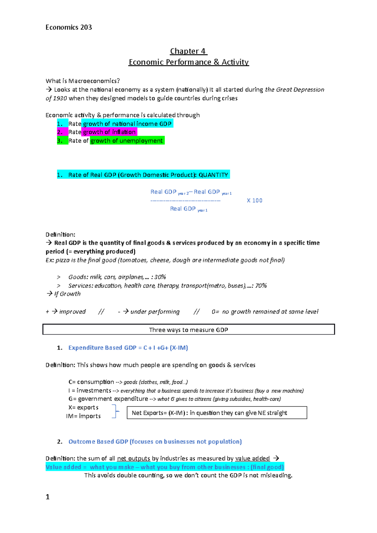 Chapter 4 - notes - Economics 203 Chapter 4 Economic Performance ...