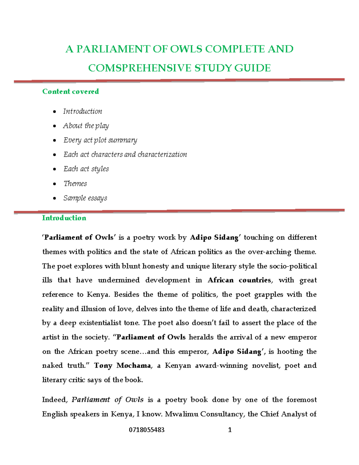 Owl - Get complete study notes for Parliament of Owls 0718055483 - A ...