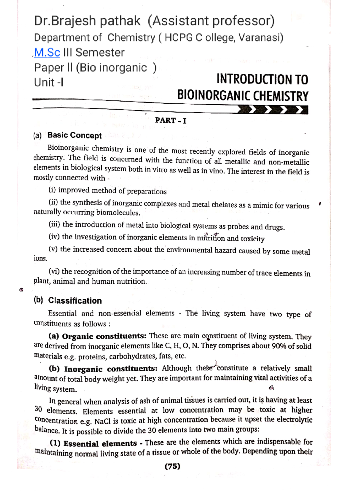 M.SC-III SEM- Paper-II-UNIT-1 Introduction to Bio Inorganic Chemistry ...