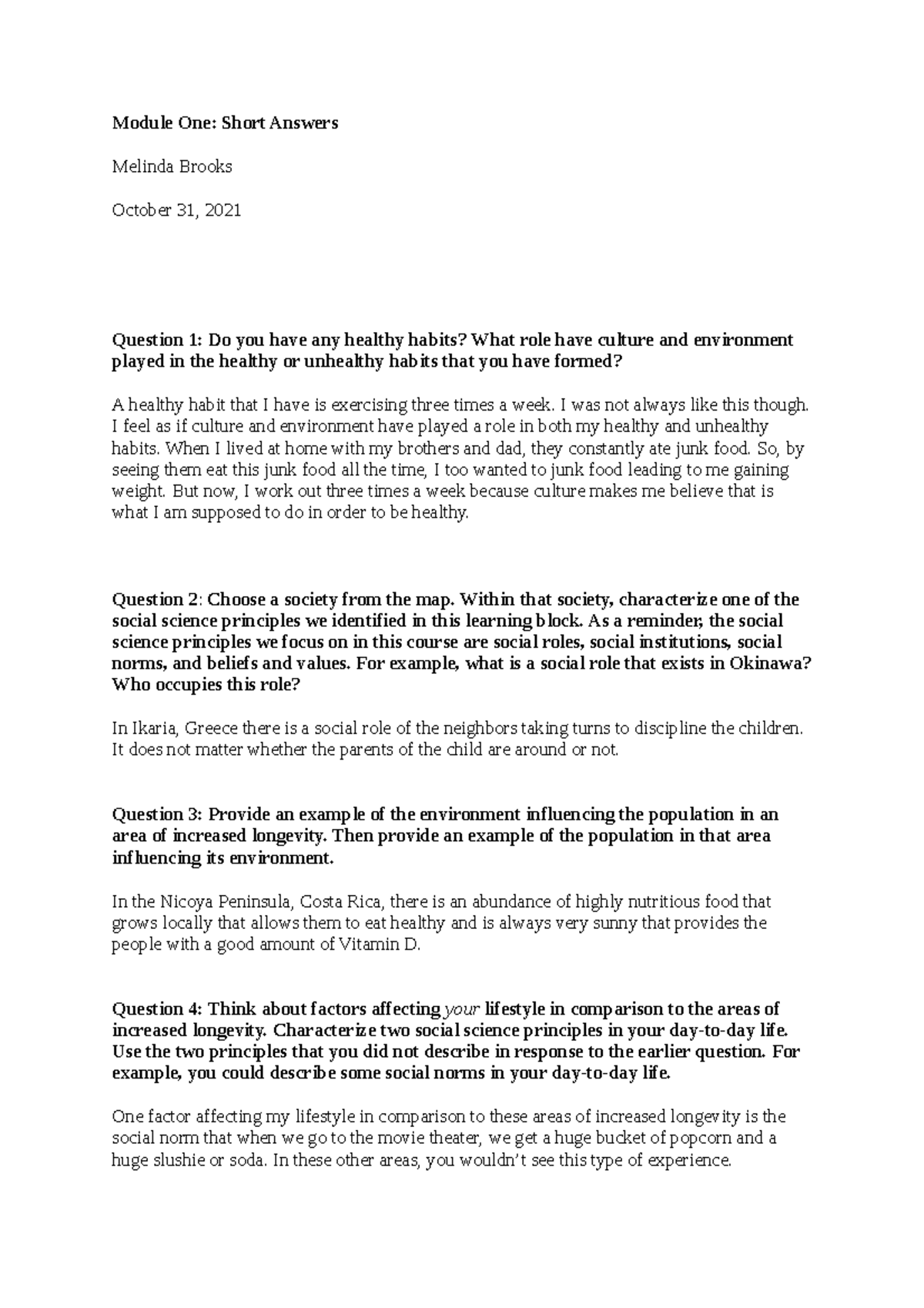 1-2 Short Responses - Module One: Short Answers Melinda Brooks October ...