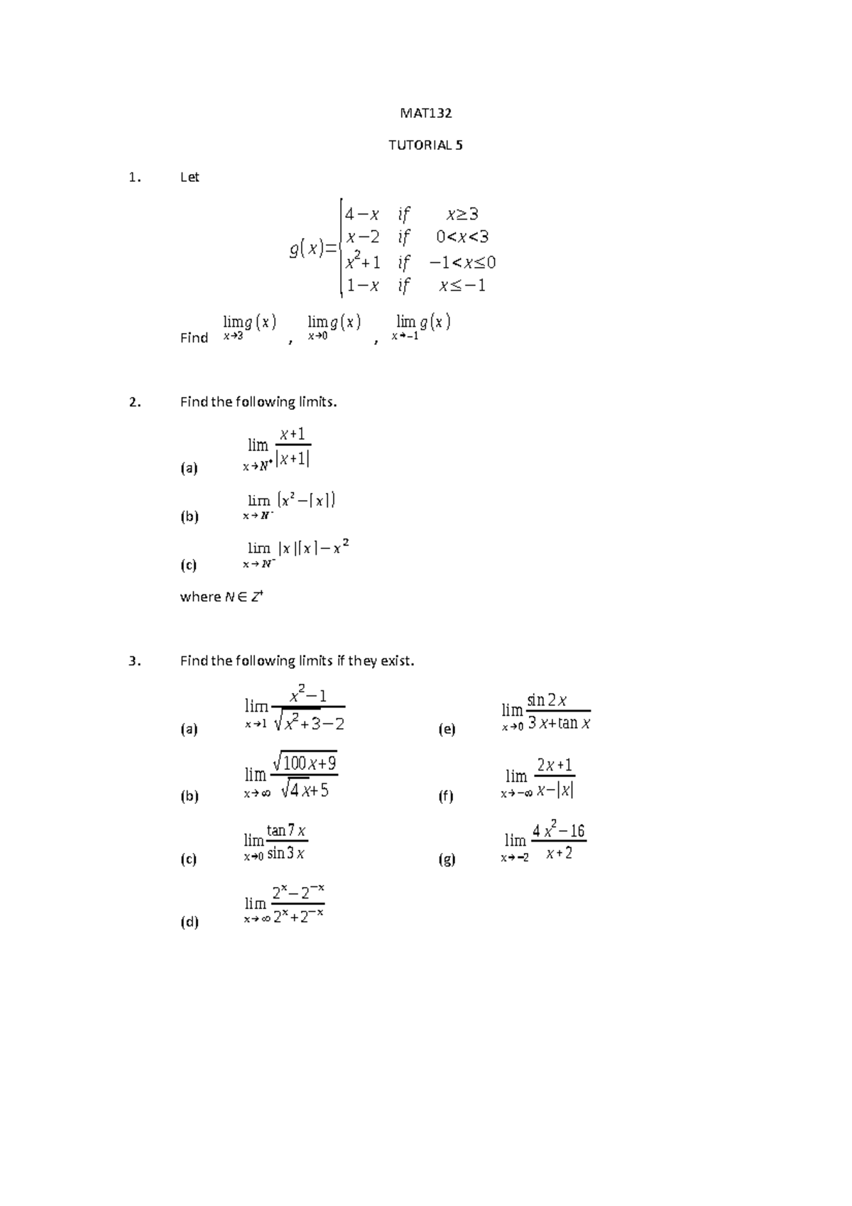 Tutorial 5 - Practice questions for chapter 5 - MAT TUTORIAL 5 Let g ...