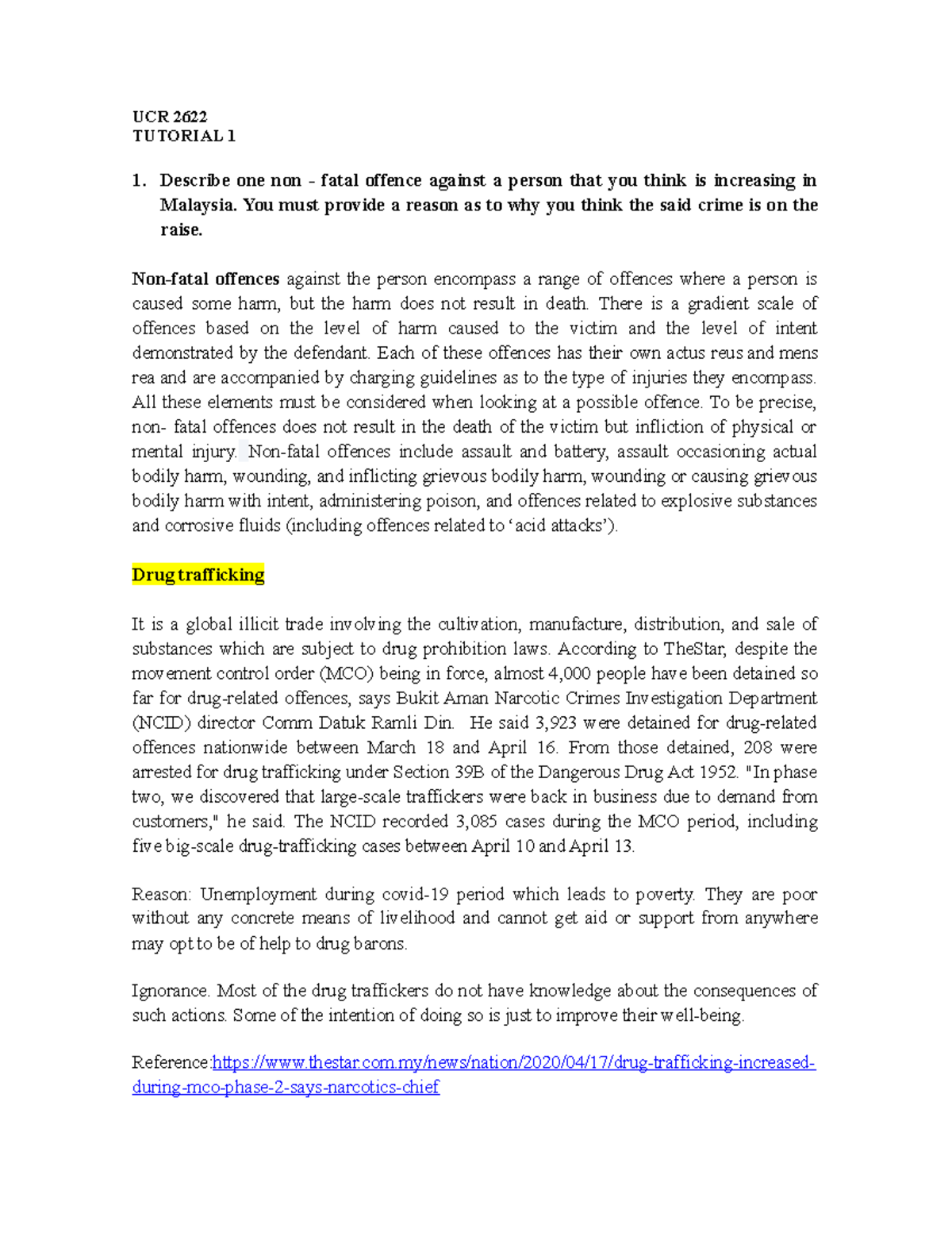 TUTORIAL 1 CRIMINAL LAW II NON- FATAL OFFENCES - UCR 2622 TUTORIAL 1 1 ...