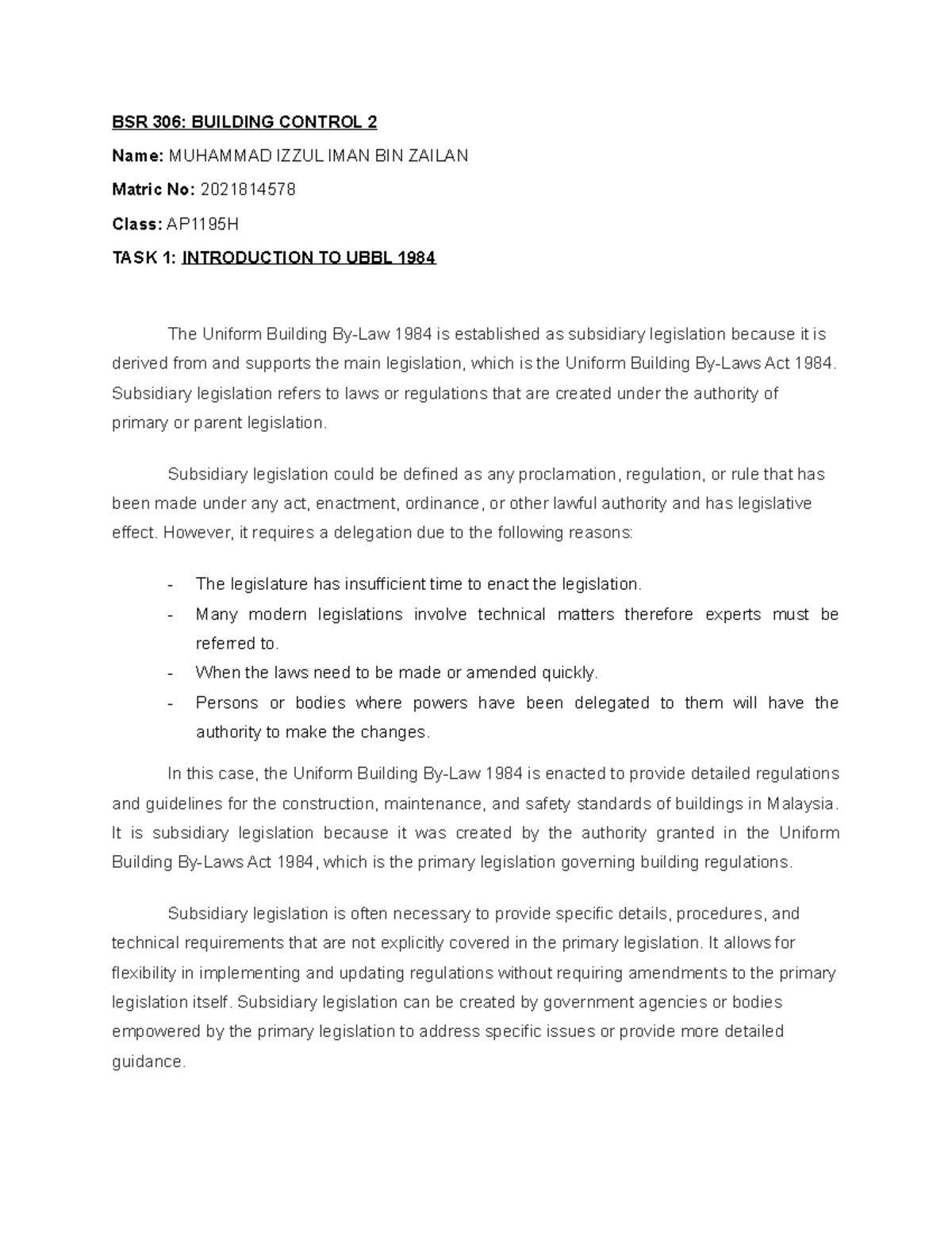 BSR 306 Task 1 - take note - BSR 306: BUILDING CONTROL 2 Name: MUHAMMAD ...