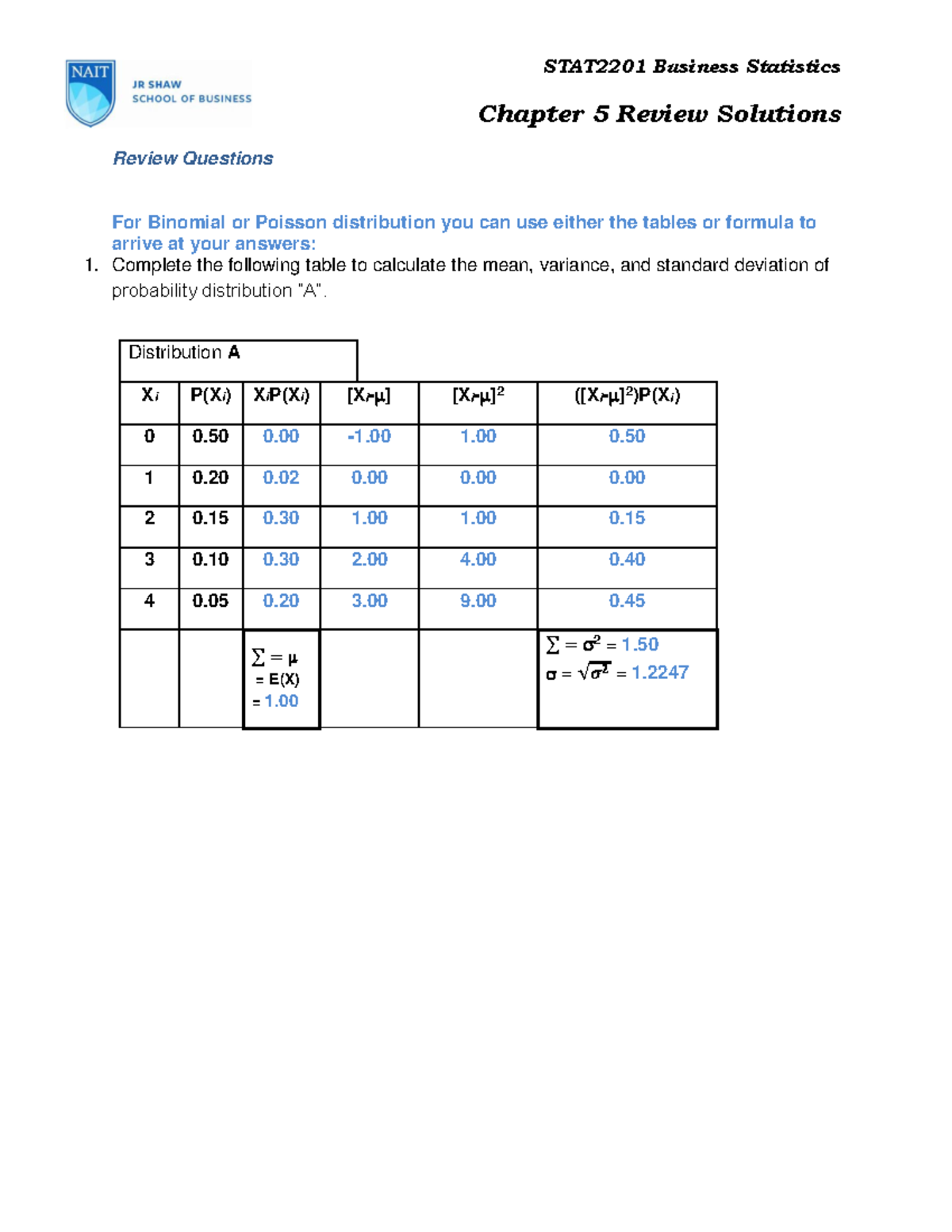 Chapter 5 review answers - STAT2201 Business Statistics Chapter 5 ...