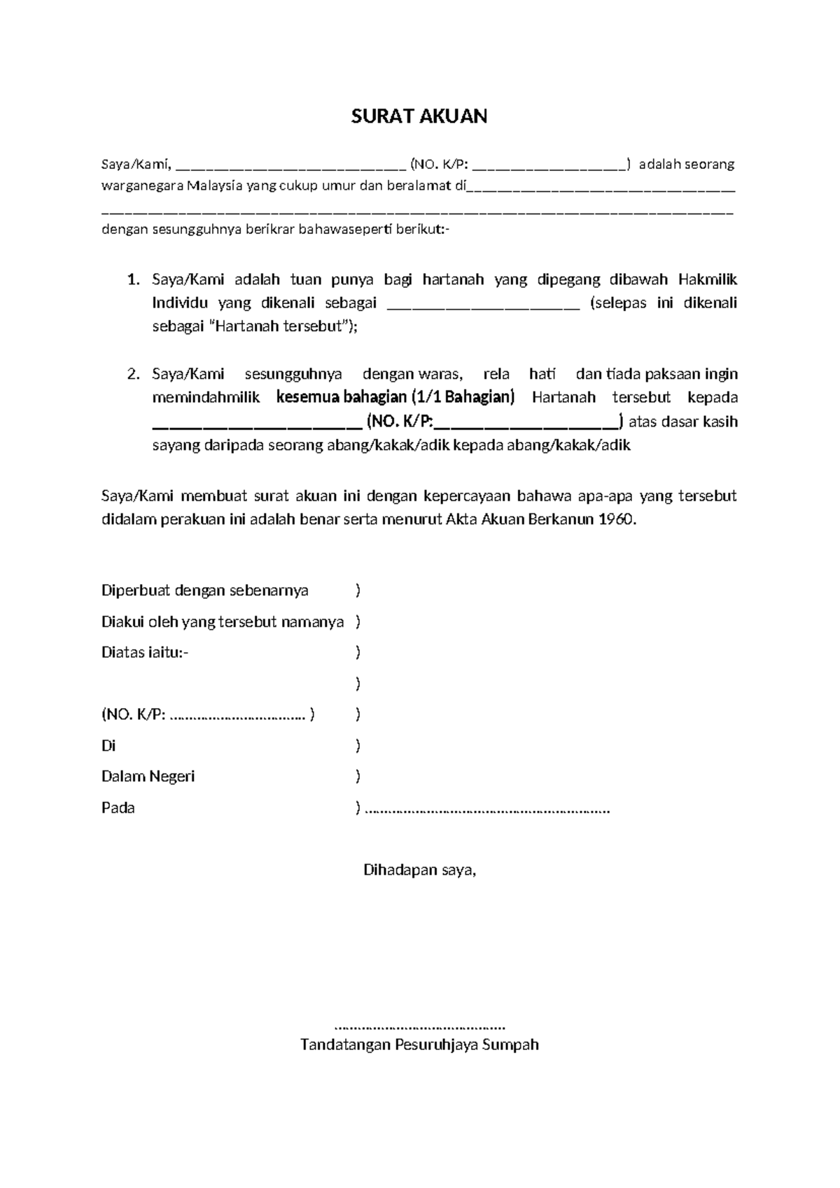 Surat Akuan Kasih Sayang - SURAT AKUAN Saya/Kami ...