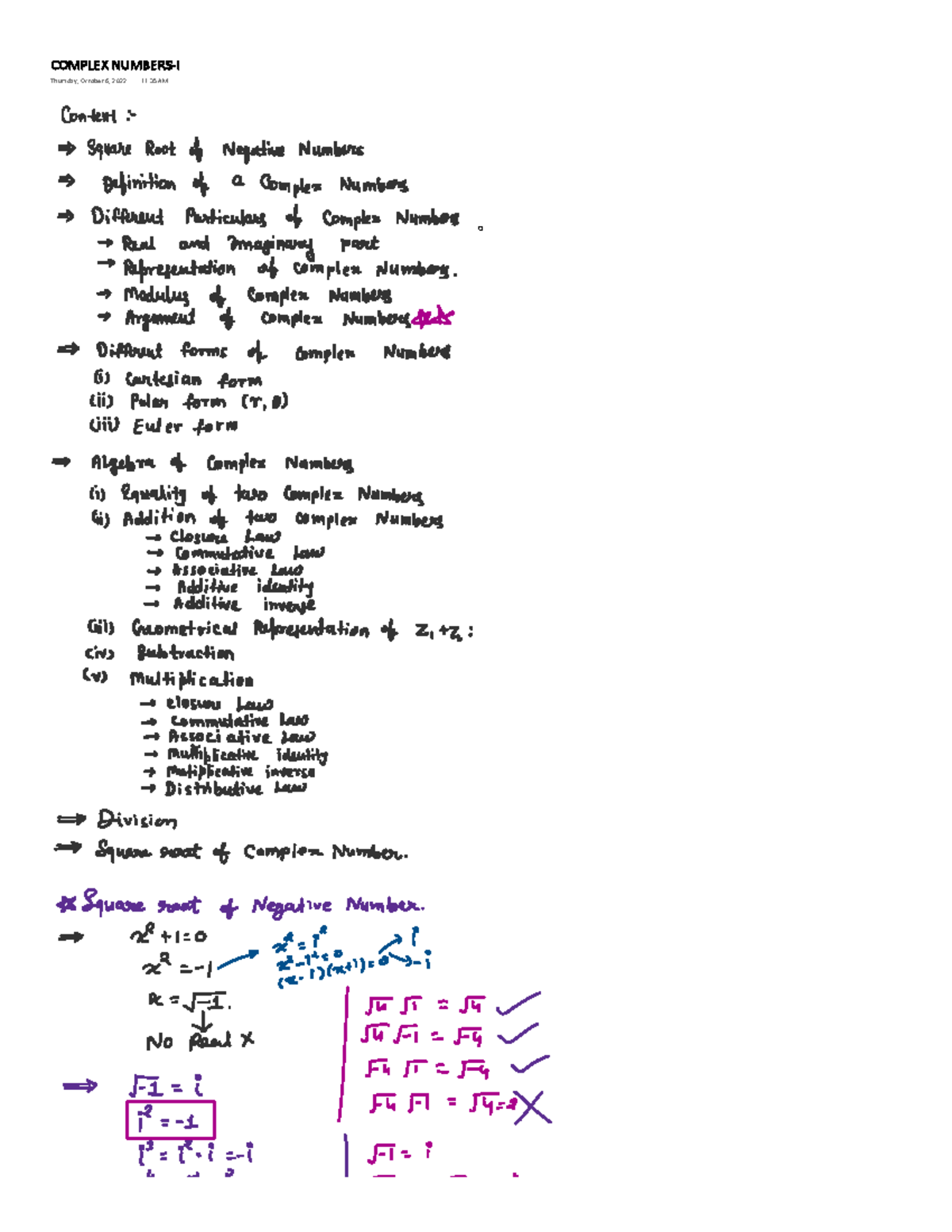 Complex notes - Maths science class 12 - O COMPLEX NUMBERS-I Thursday ...