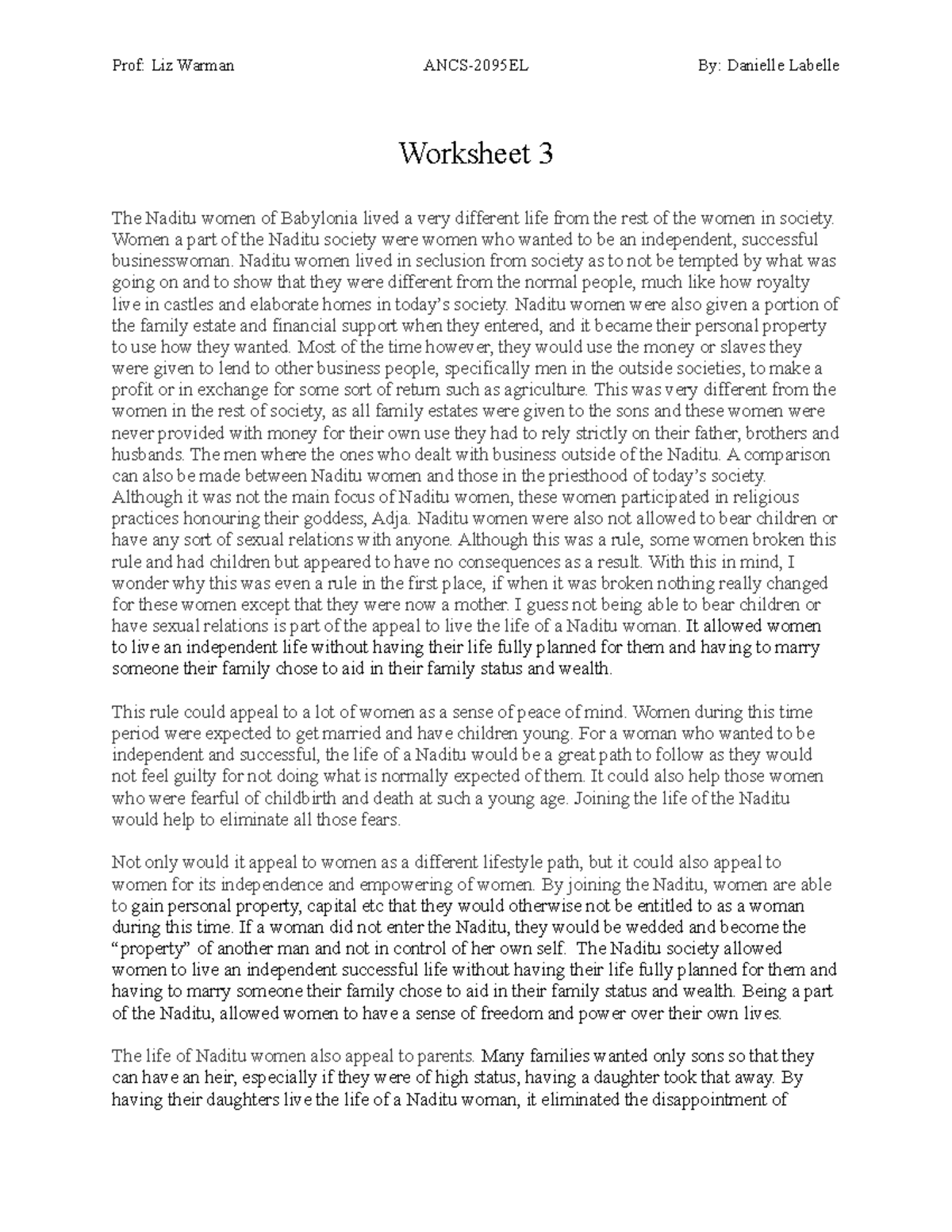 Worksheet 3 - Prof: Liz Warman ANCS-2095EL By: Danielle Labelle ...
