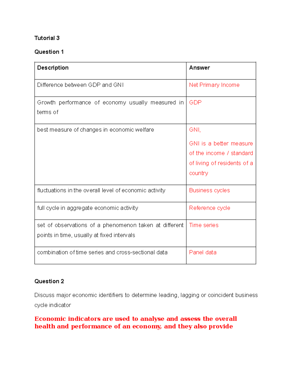 MEMO TUT 3 - Developing countries - Tutorial 3 Question 1 Description Answer Difference between ...