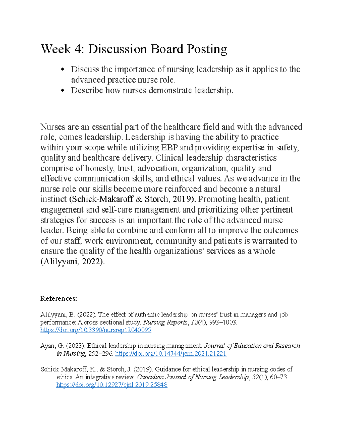 Week 4 NSG 5000 discussion leadership - Week 4: Discussion Board ...