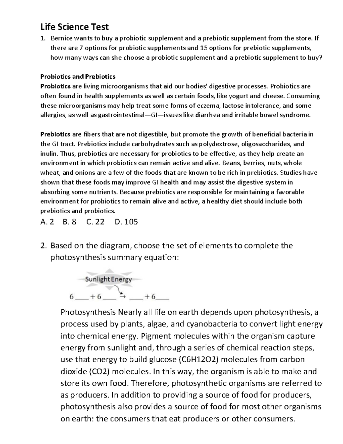 Life Science Test - Vivian - Life Science Test Bernice wants to buy a ...
