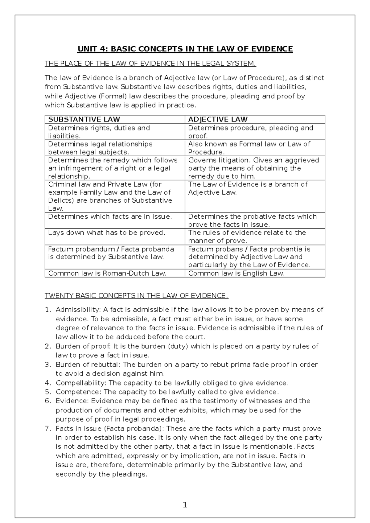 Law of Evidence notes - UNIT 4: BASIC CONCEPTS IN THE LAW OF EVIDENCE ...